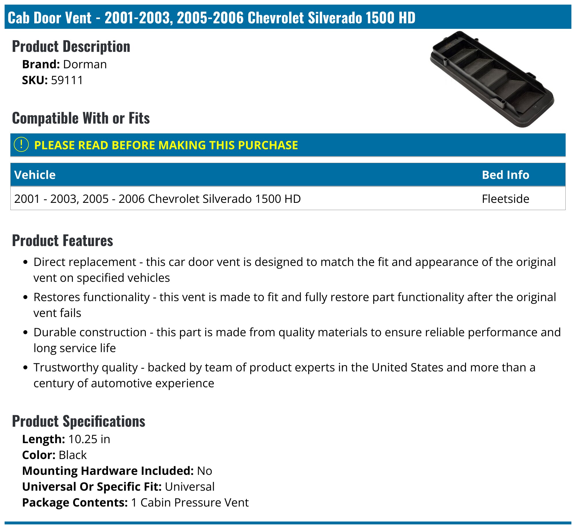 2001-2003, 2005-2006 Chevrolet Silverado 1500 HD Cab Door Vent - Dorman ...