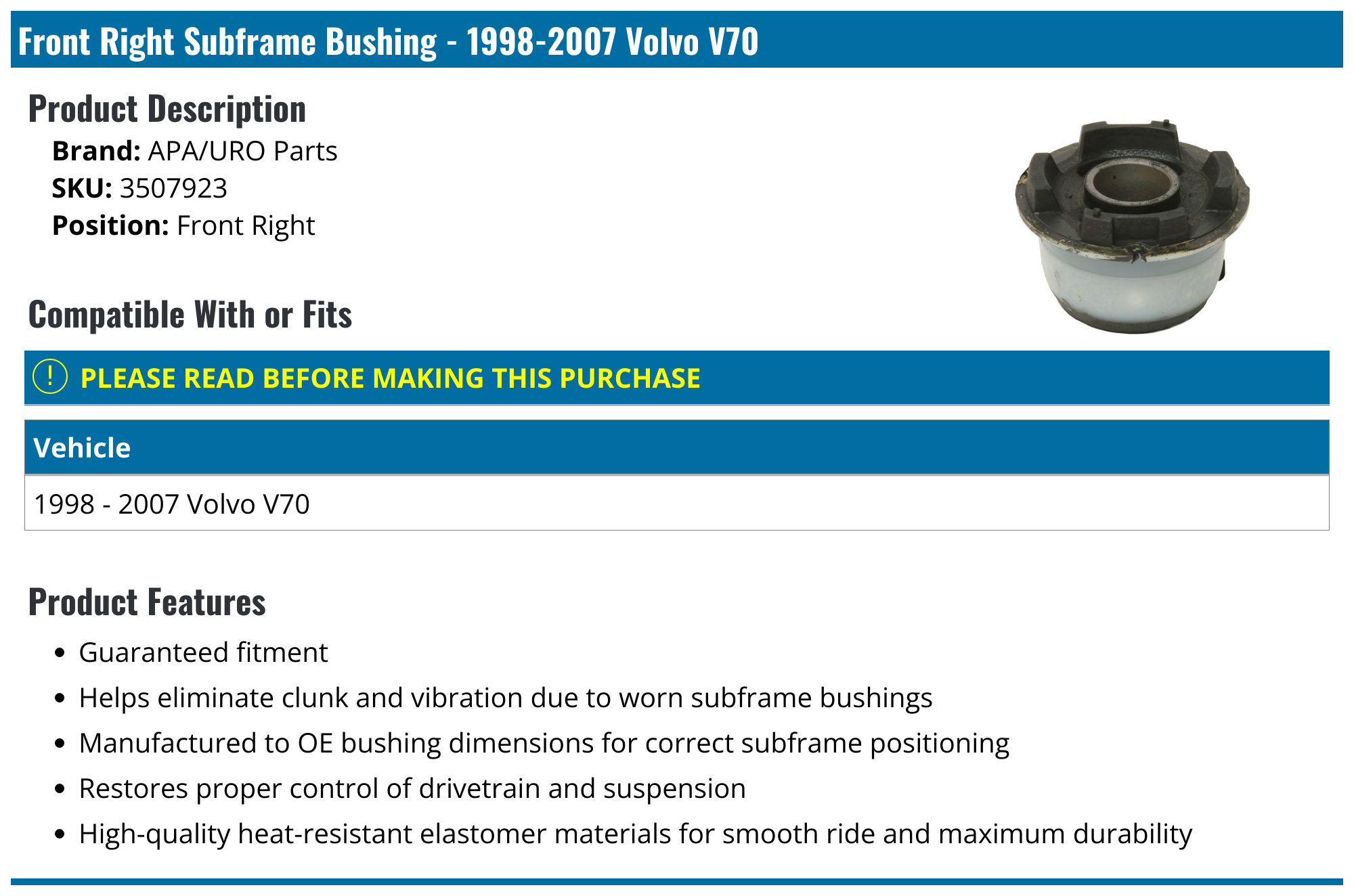 1998-2007 Volvo V70 Subframe Bushing - APA/URO Parts 3507923 - Front ...
