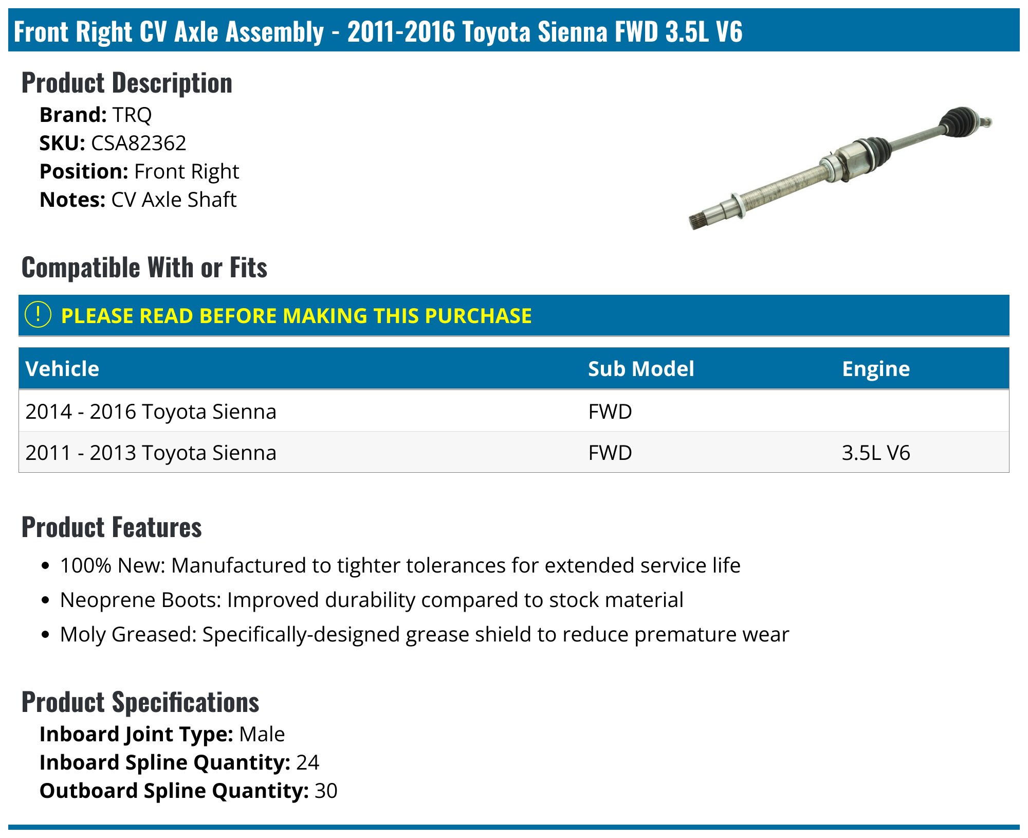 2011-2016 Toyota Sienna Axle Assembly - TRQ CSA82362 - Front Right ...