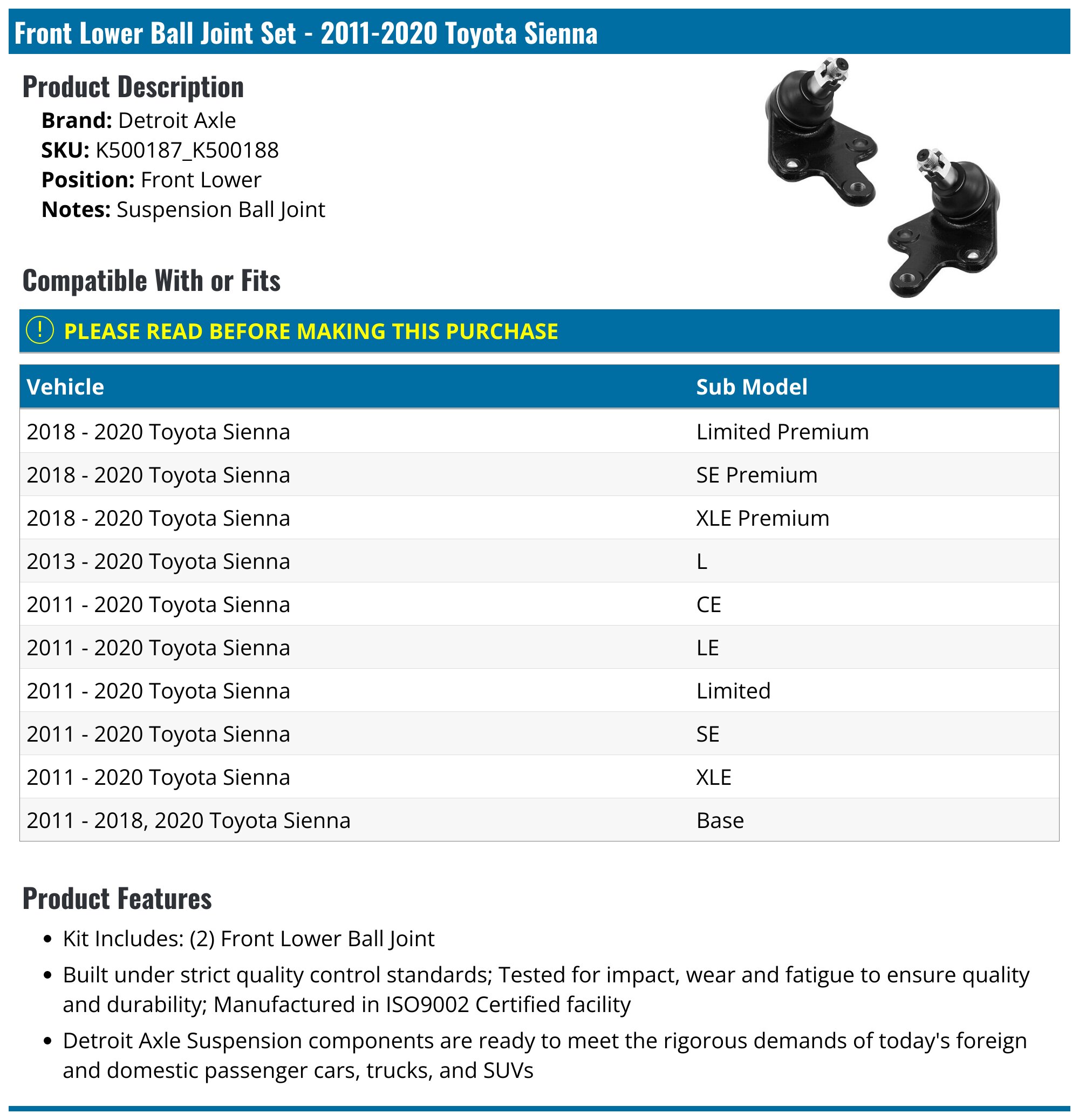 2011-2020 Toyota Sienna Ball Joint - Detroit Axle K500187_K500188 ...