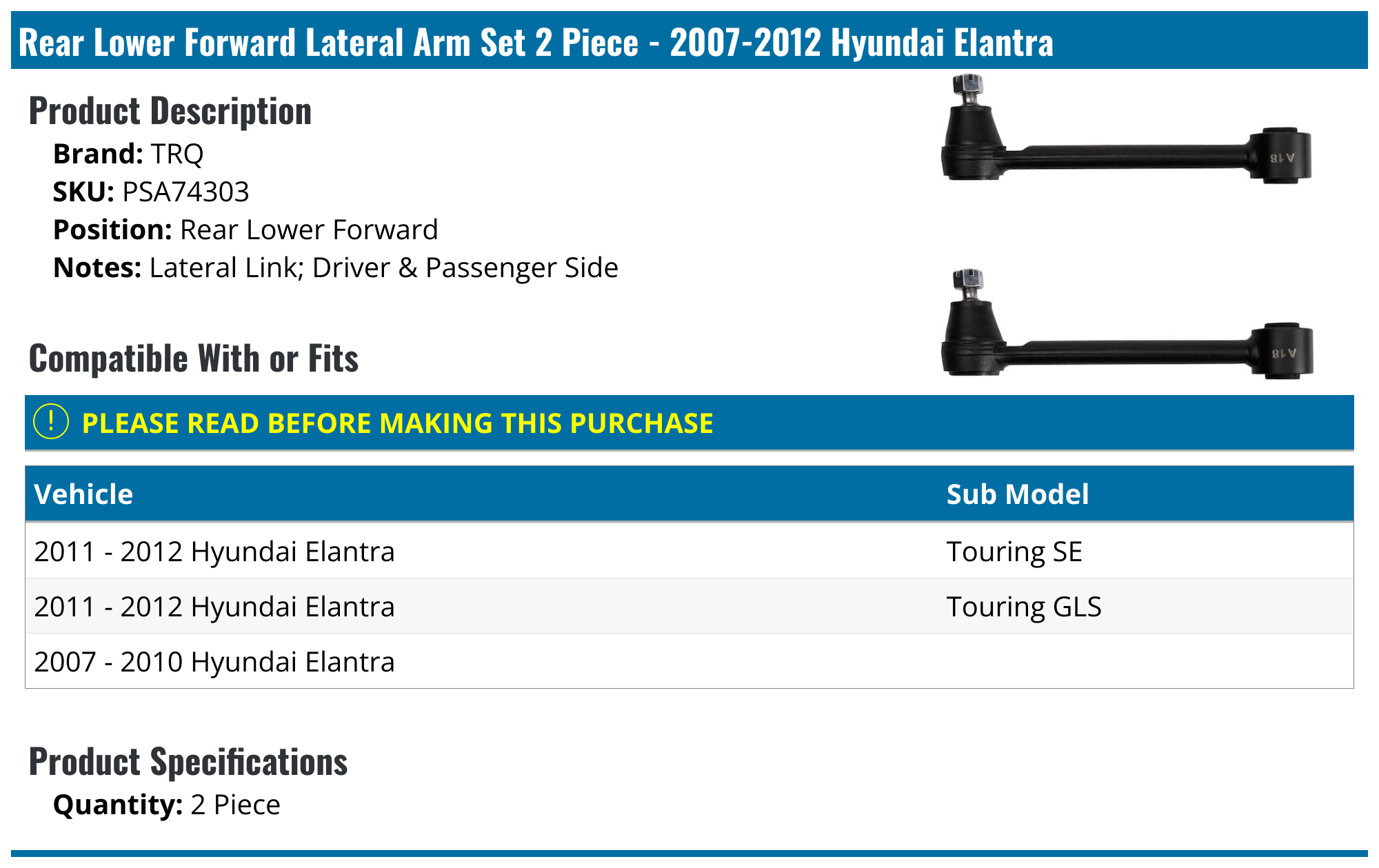 2007-2012 Hyundai Elantra Lateral Arm - TRQ PSA74303 - Rear Lower ...