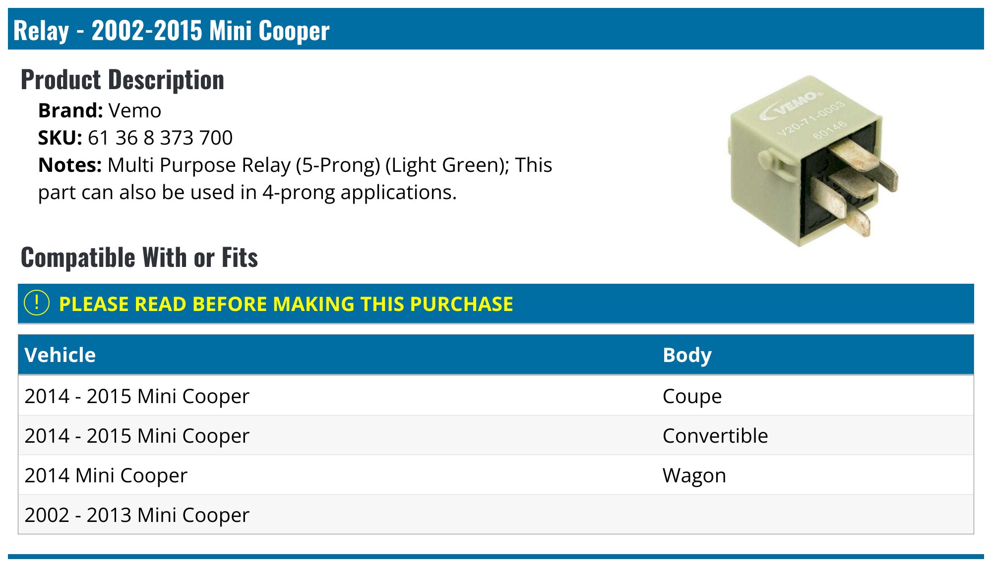 2002-2015 Mini Cooper Relay - Vemo 61 36 8 373 700 - PartsGeek.com