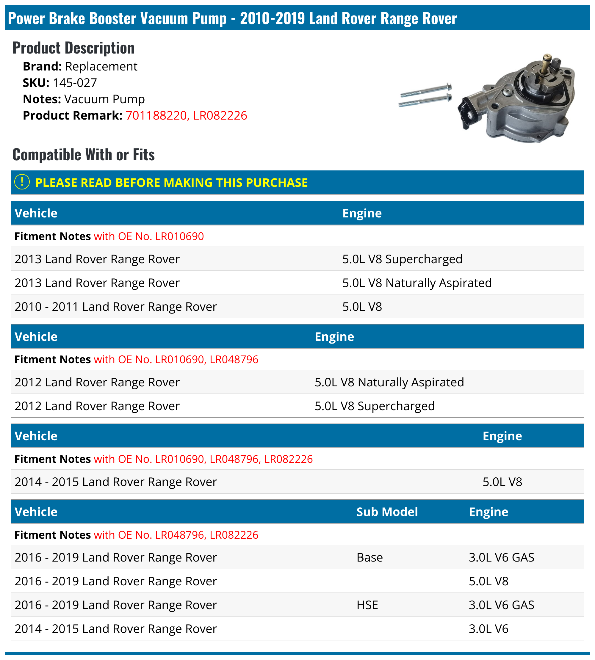 2010-2019 Land Rover Range Rover Power Brake Booster Vacuum Pump ...