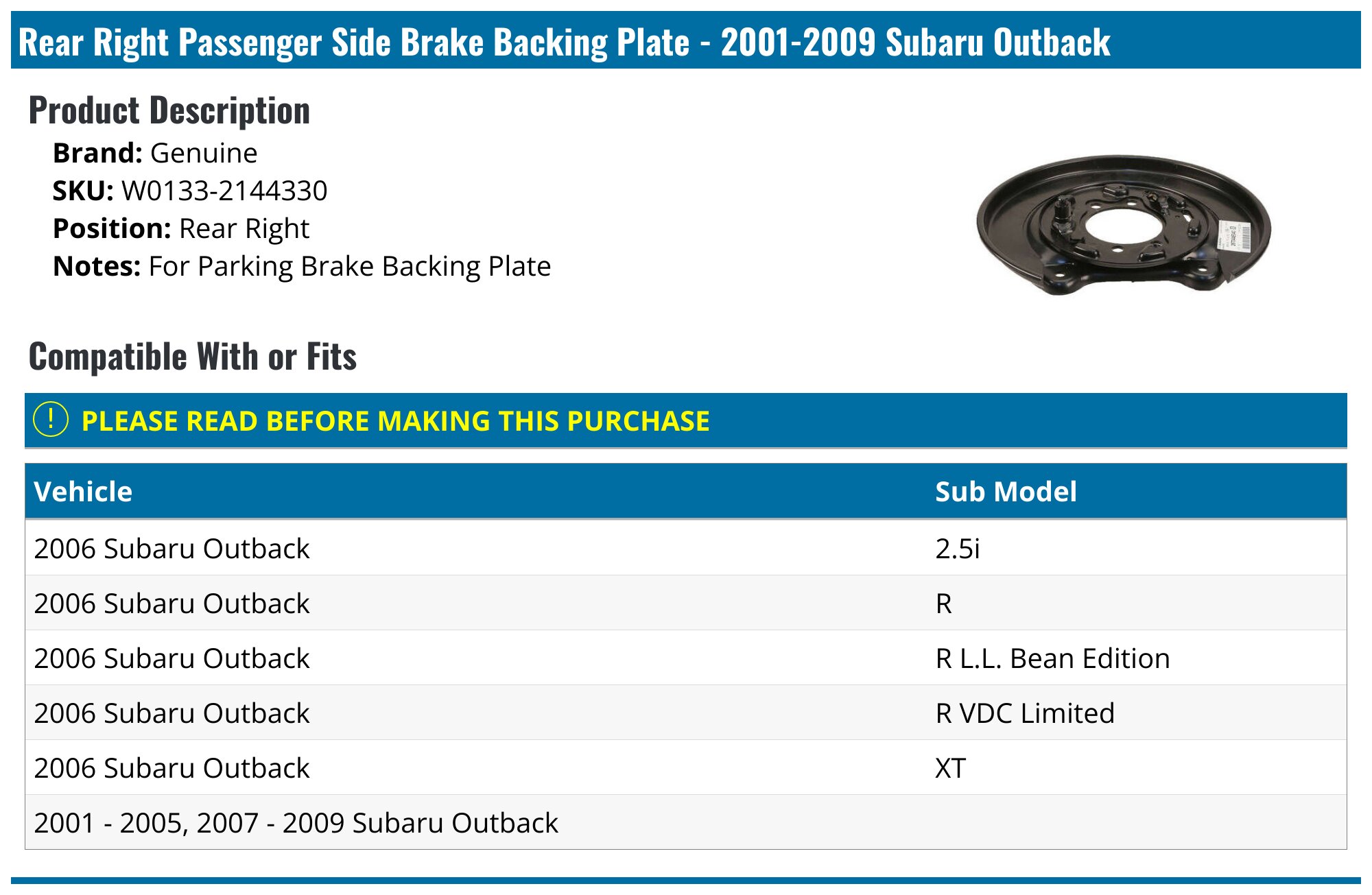 2001-2009 Subaru Outback Brake Backing Plate - Genuine W0133-2144330 ...