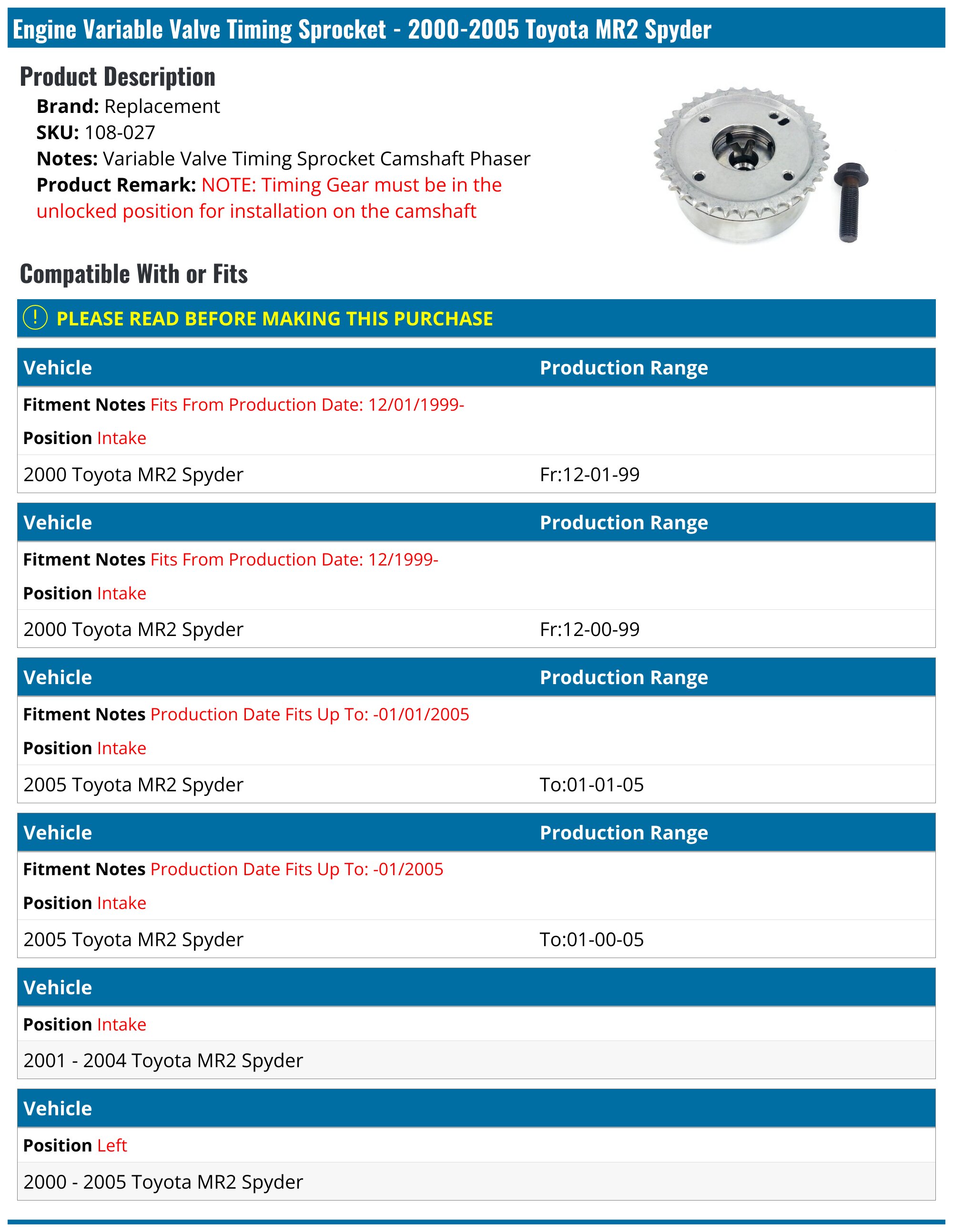 2000-2005 Toyota MR2 Spyder Engine Variable Valve Timing Sprocket ...