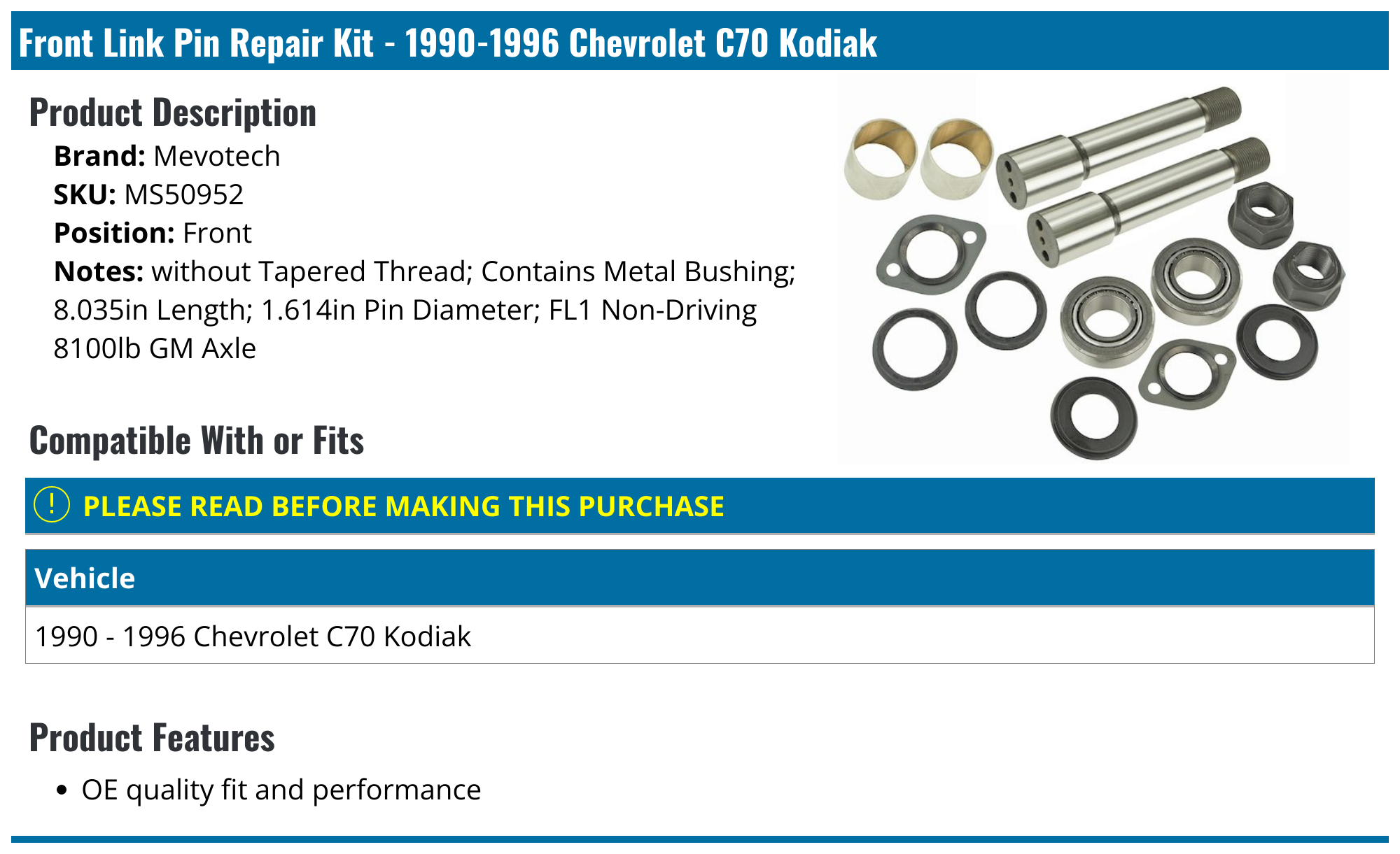 1990-1996 Chevrolet C70 Kodiak Link Pin Repair Kit - Mevotech MS50952 ...