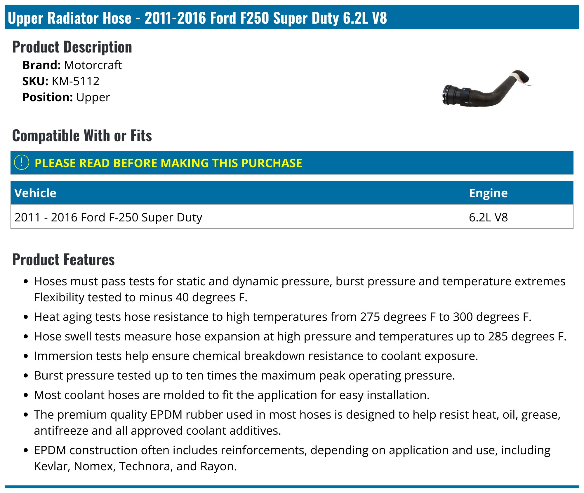 2011-2016 Ford F250 Super Duty Radiator Hose - Motorcraft KM-5112 ...