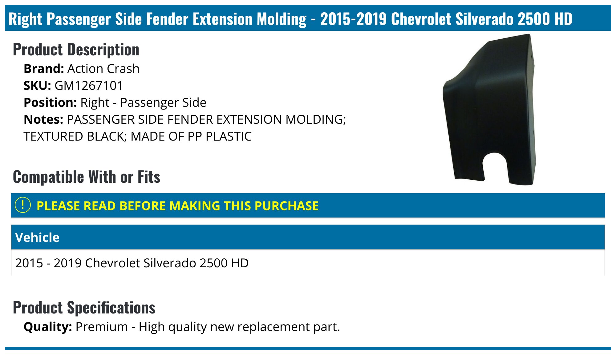 2015-2019 Chevrolet Silverado 2500 HD Fender Extension Molding - Action ...