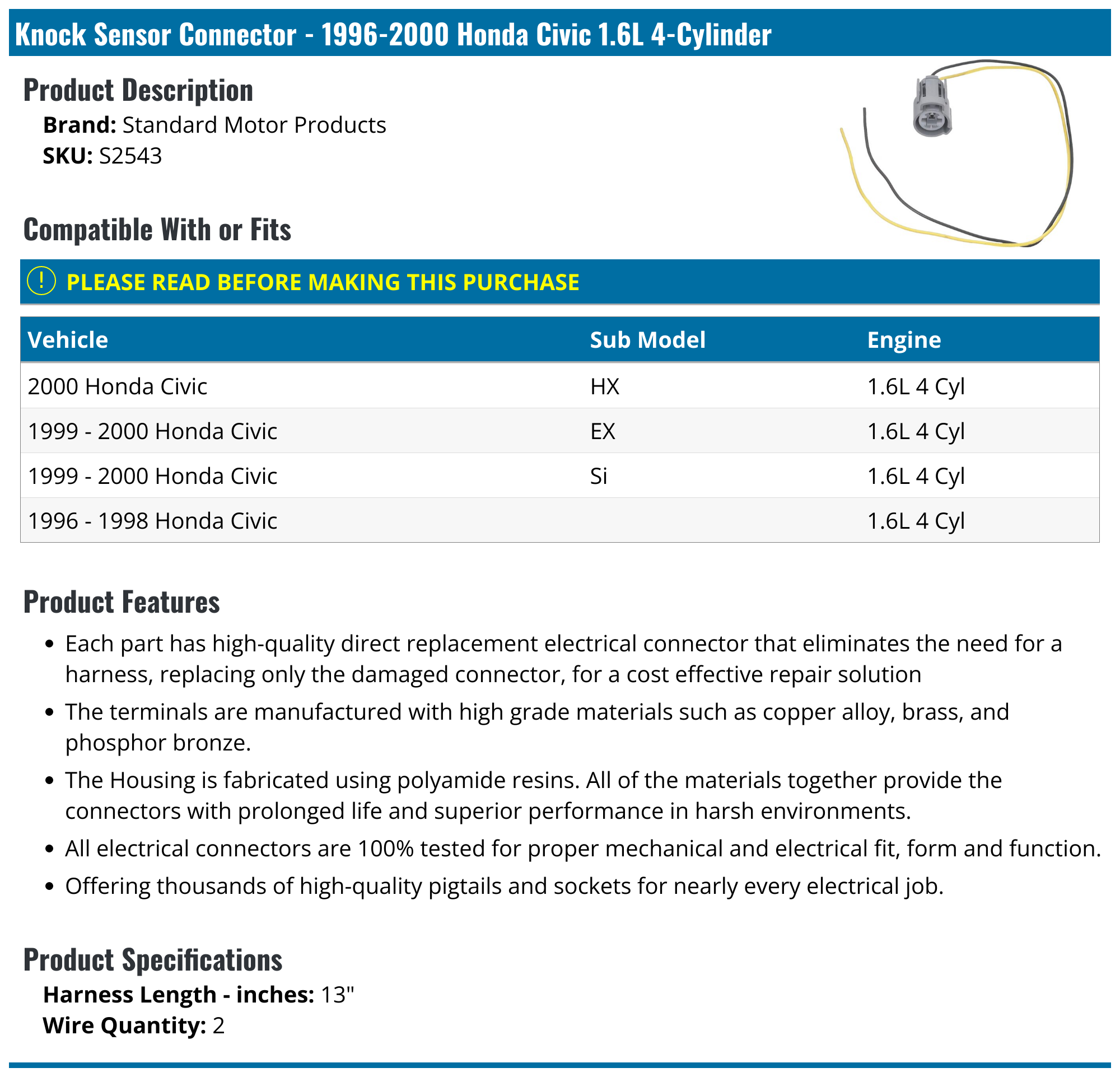 1996-2000 Honda Civic Knock Sensor Connector - Standard Motor Products ...