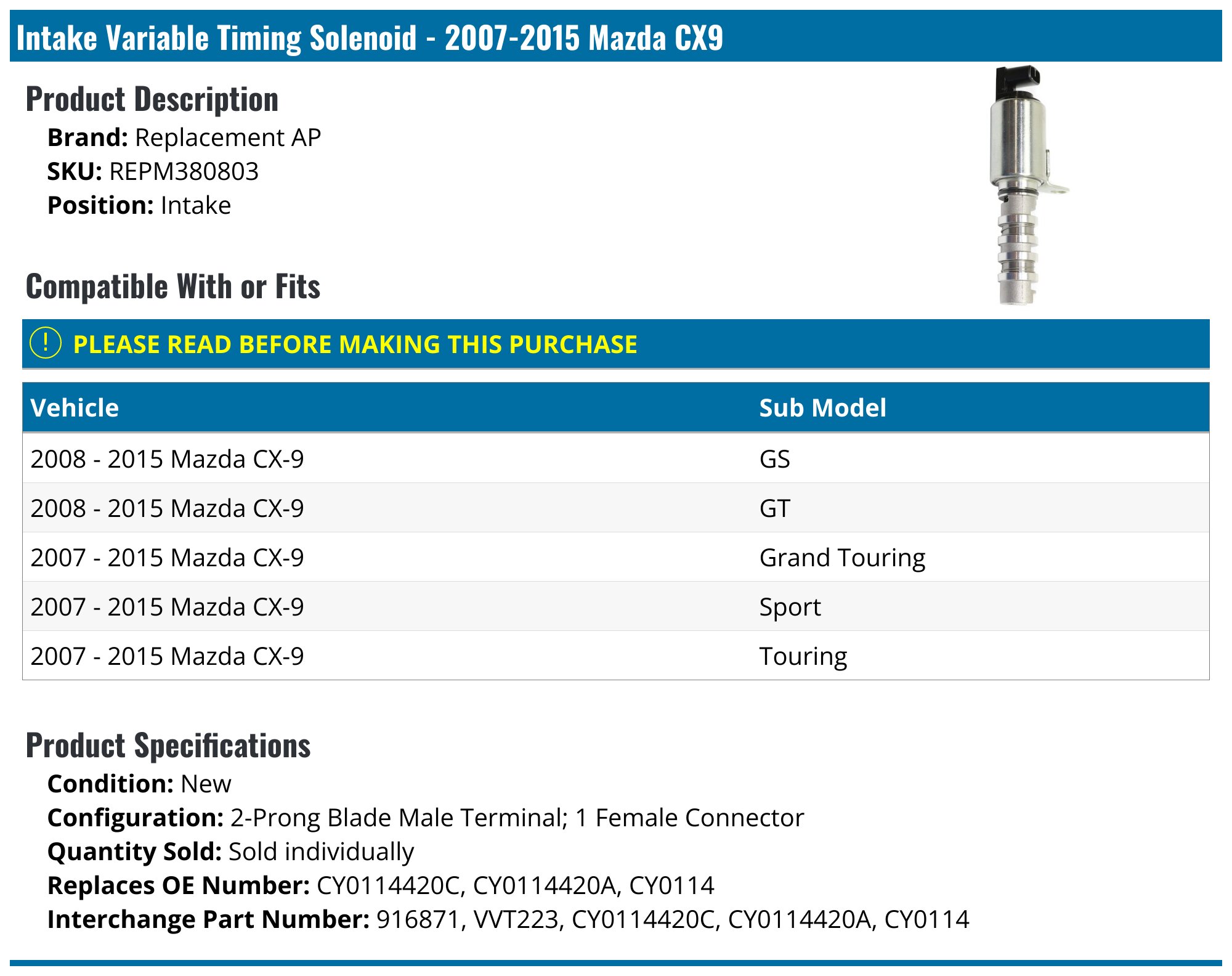 2007-2015 Mazda CX9 Variable Timing Solenoid - Replacement AP ...