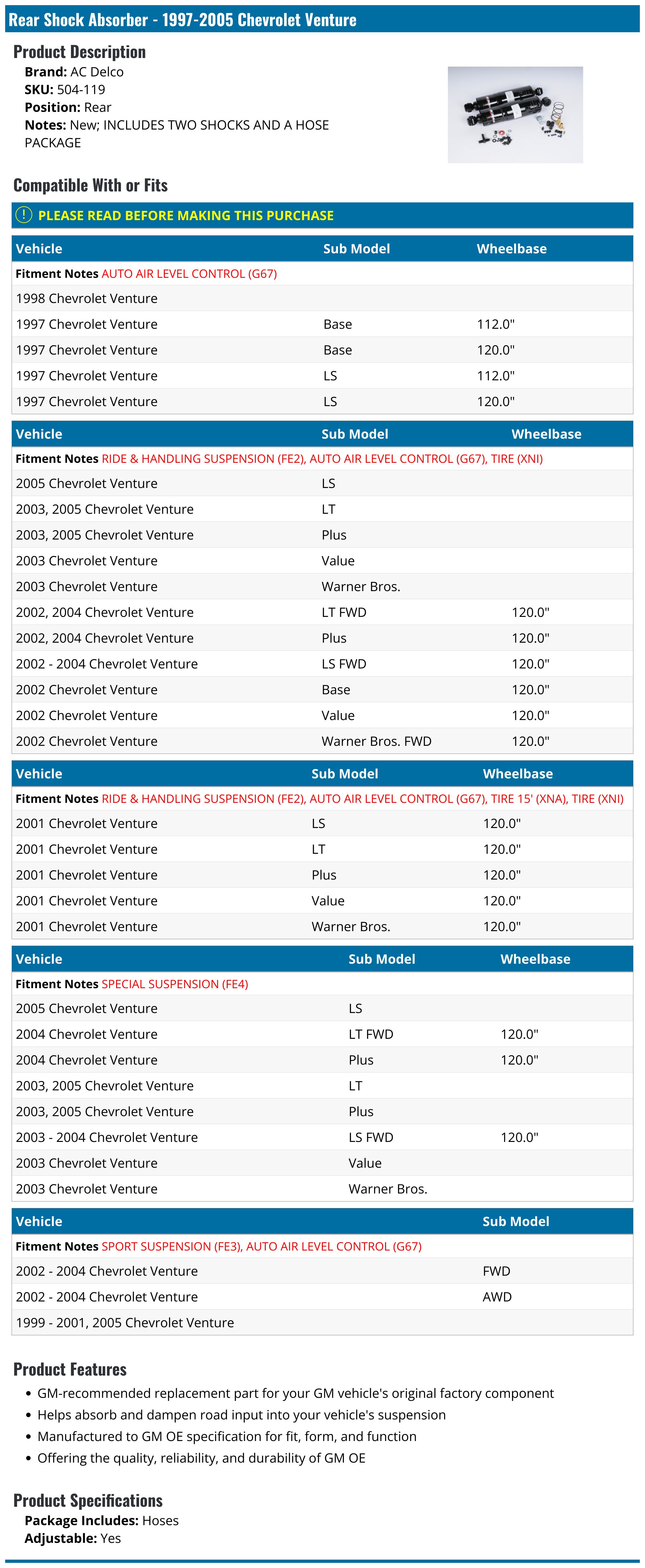 1997-2005 Chevrolet Venture Shock Absorber - AC Delco 504-119 - Rear ...