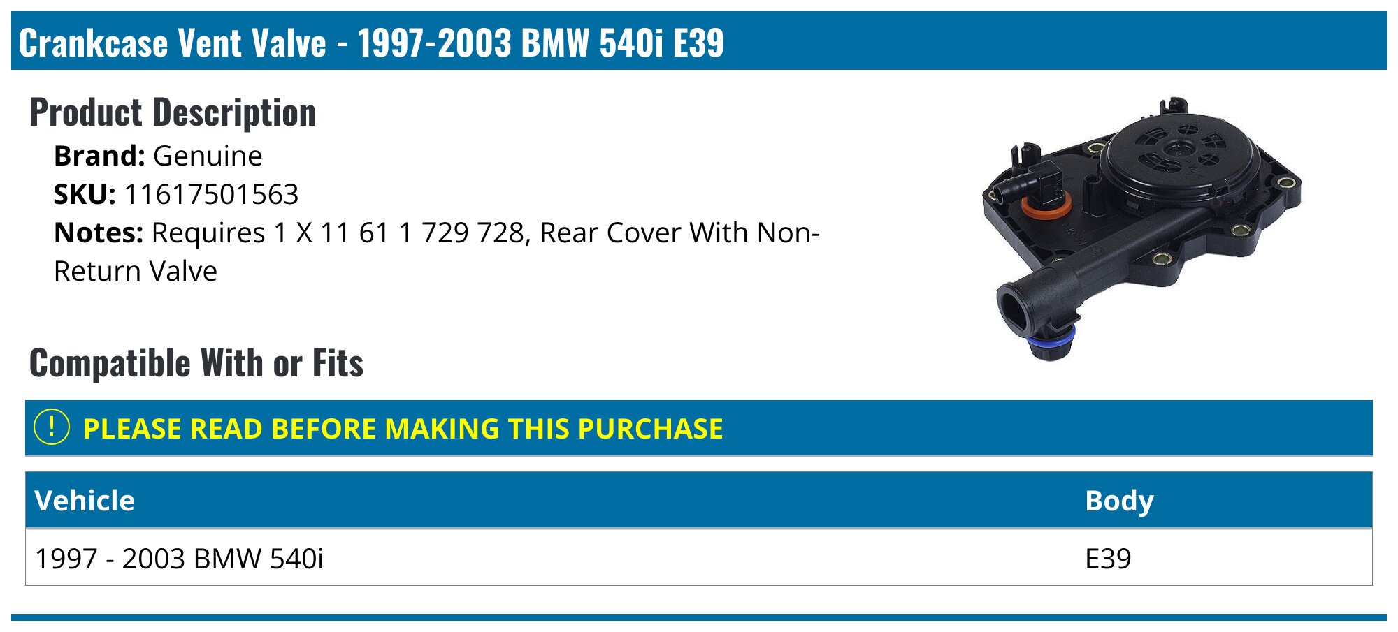 1997-2003 BMW 540i Crankcase Vent Valve - Genuine 11617501563 ...