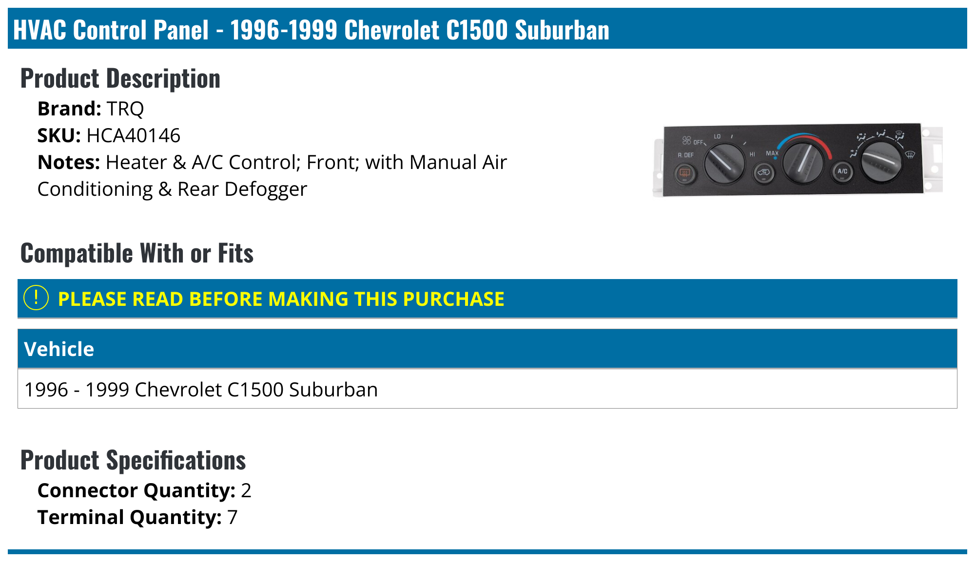 1996-1999 Chevrolet C1500 Suburban HVAC Temperature Control Panel - TRQ ...