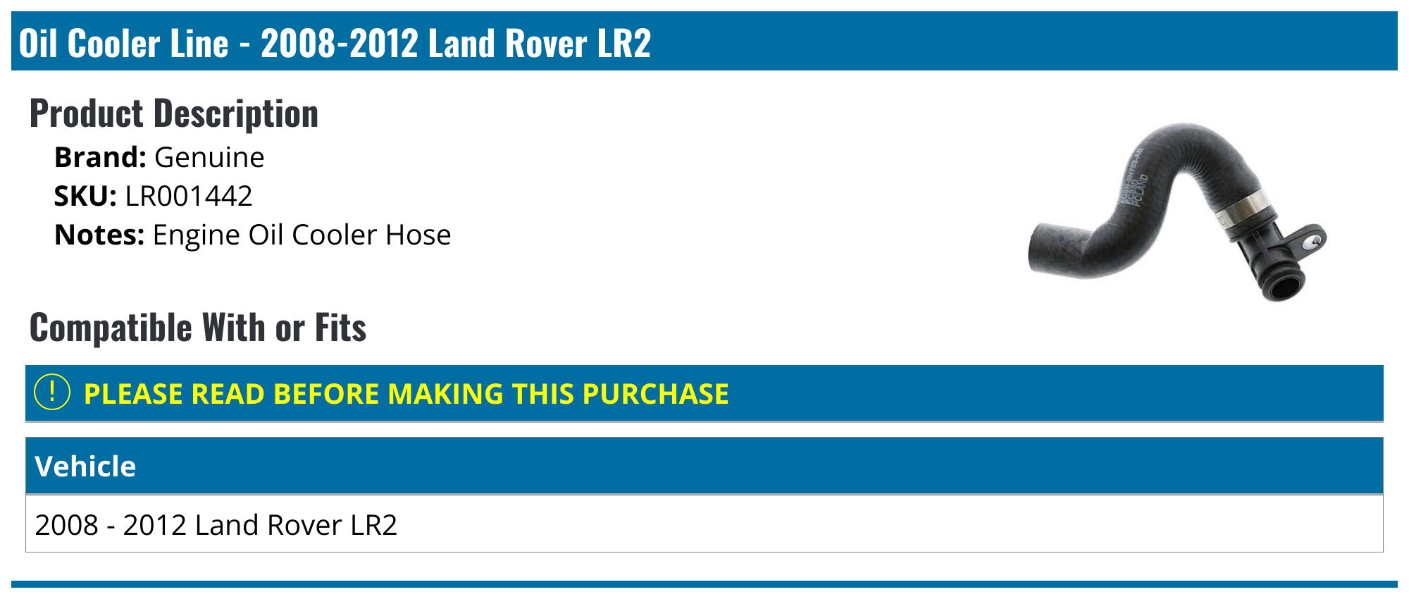 2008-2012 Land Rover LR2 Oil Cooler Line - Genuine LR001442 ...