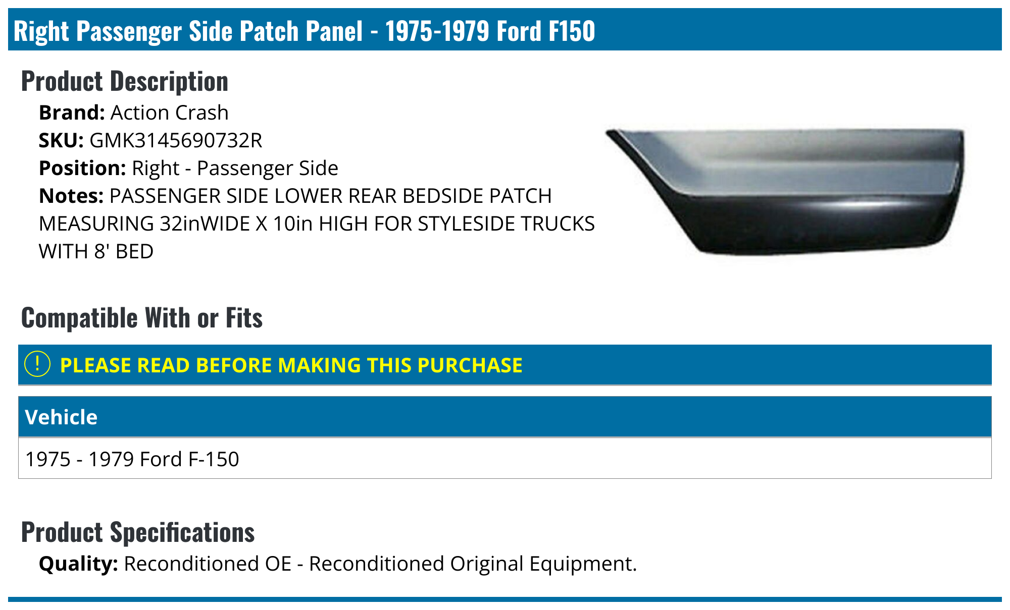 1975-1979 Ford F150 Patch Panel - Action Crash GMK3145690732R - Right ...