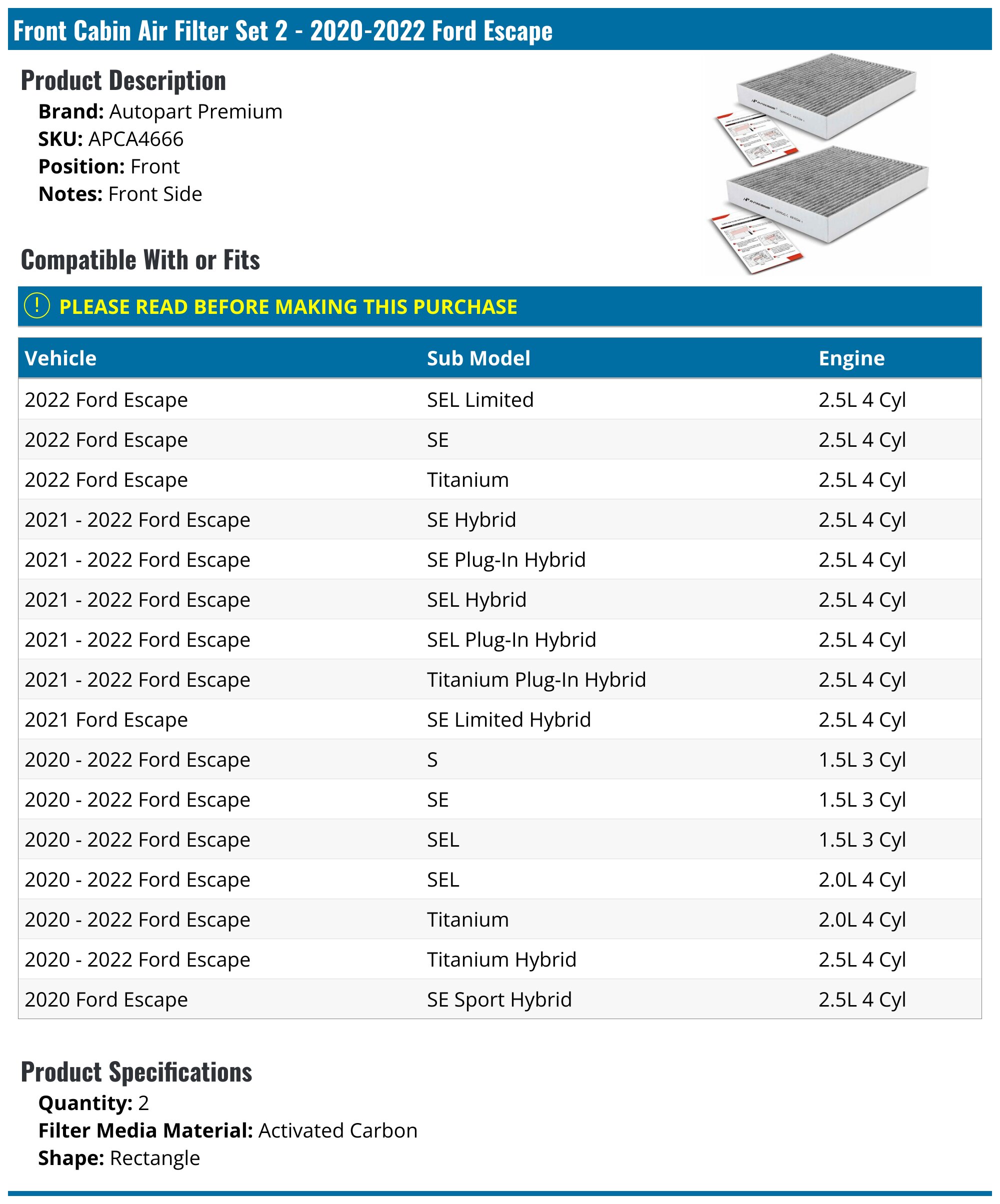 2020-2022 Ford Escape Cabin Air Filter - Autopart Premium APCA4666 ...