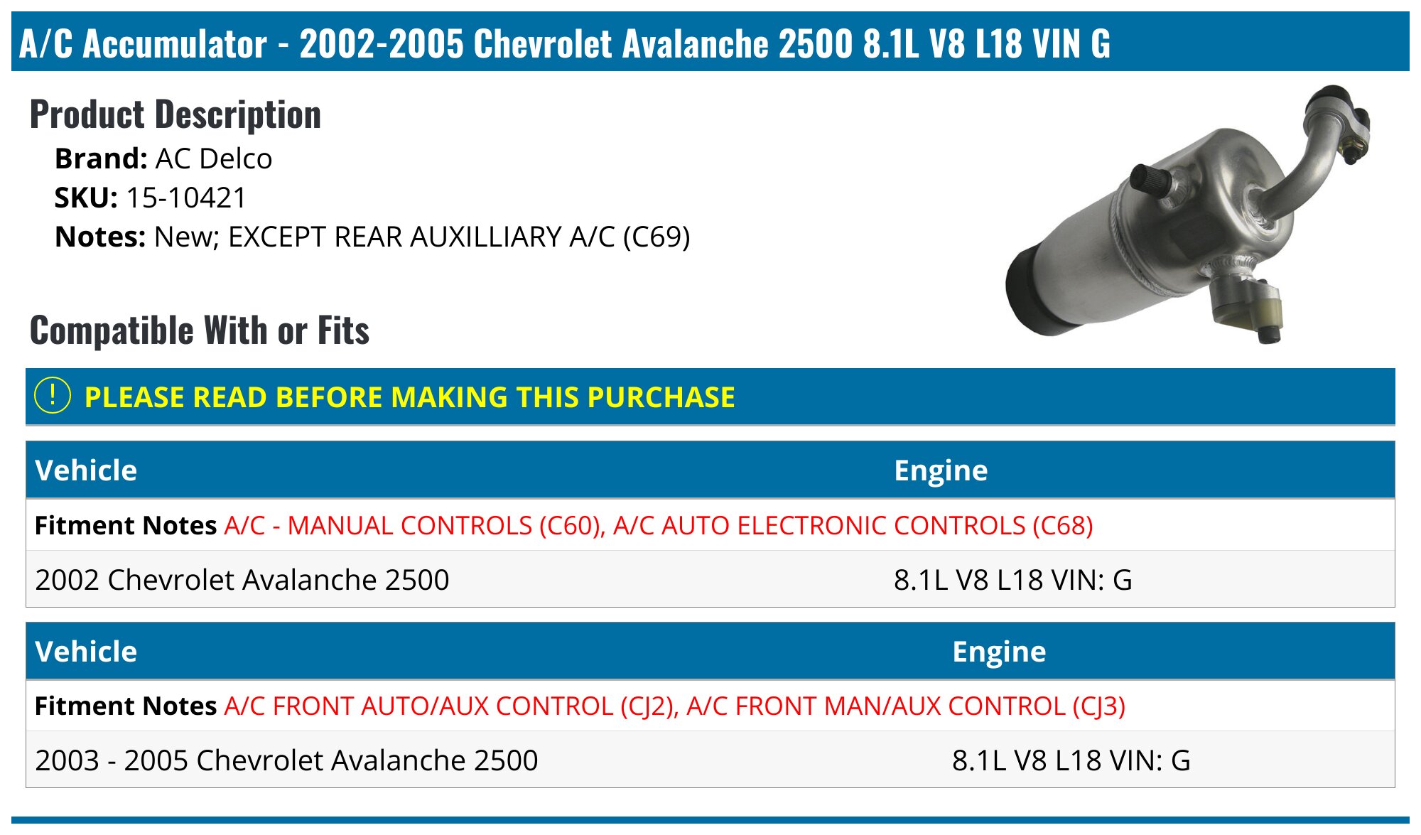 2002-2005 Chevrolet Avalanche 2500 A/C Accumulator - AC Delco 15-10421 ...