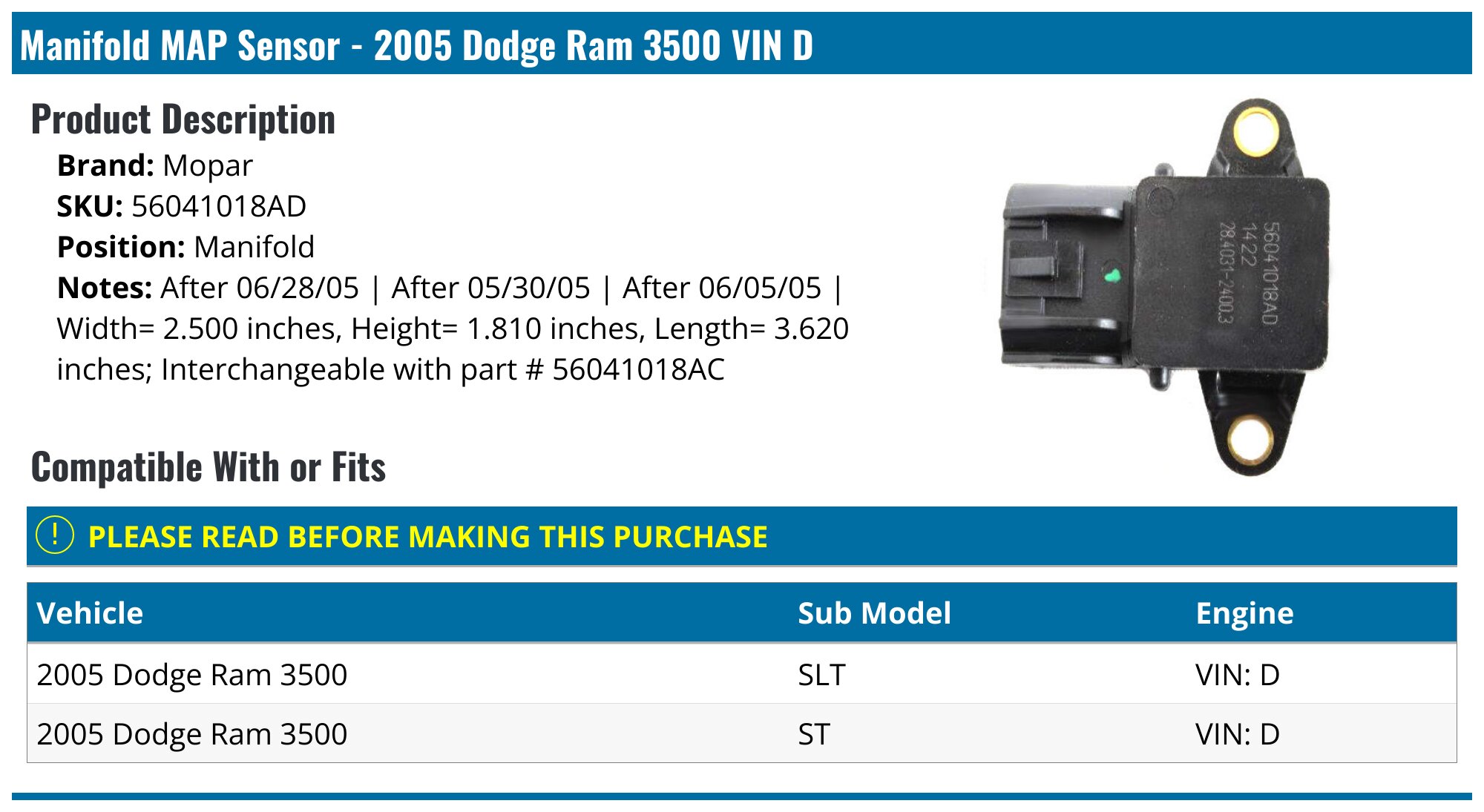 2005 Dodge Ram 3500 MAP Sensor - Mopar 56041018AD - Manifold ...