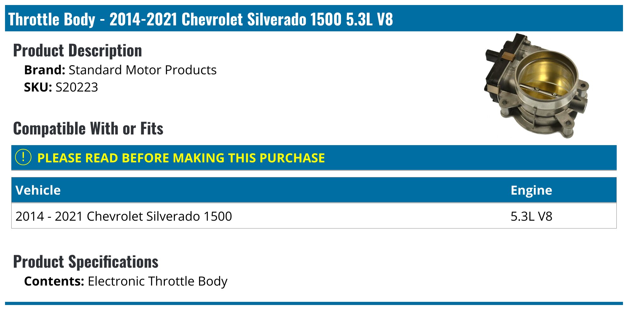 2014-2024 Chevrolet Silverado 1500 Throttle Body - Standard Motor ...