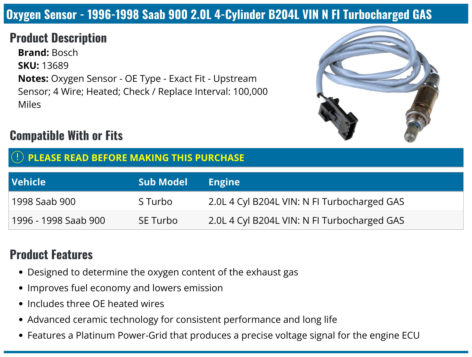 1996-1998 Saab 900 Oxygen Sensor - Bosch 13689 - PartsGeek.com