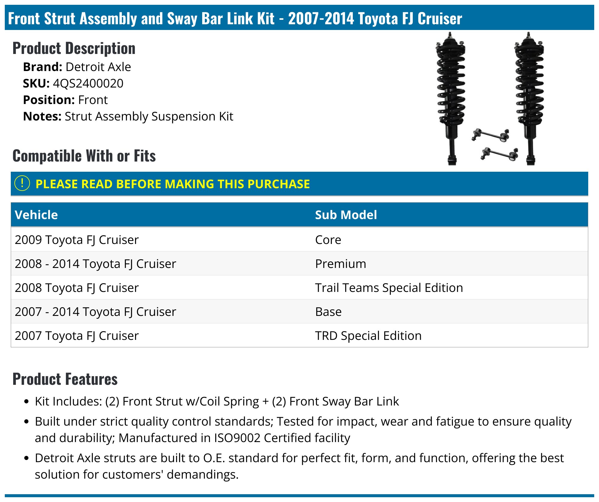 2007-2014 Toyota FJ Cruiser Strut Assembly - Detroit Axle 4QS2400020 ...