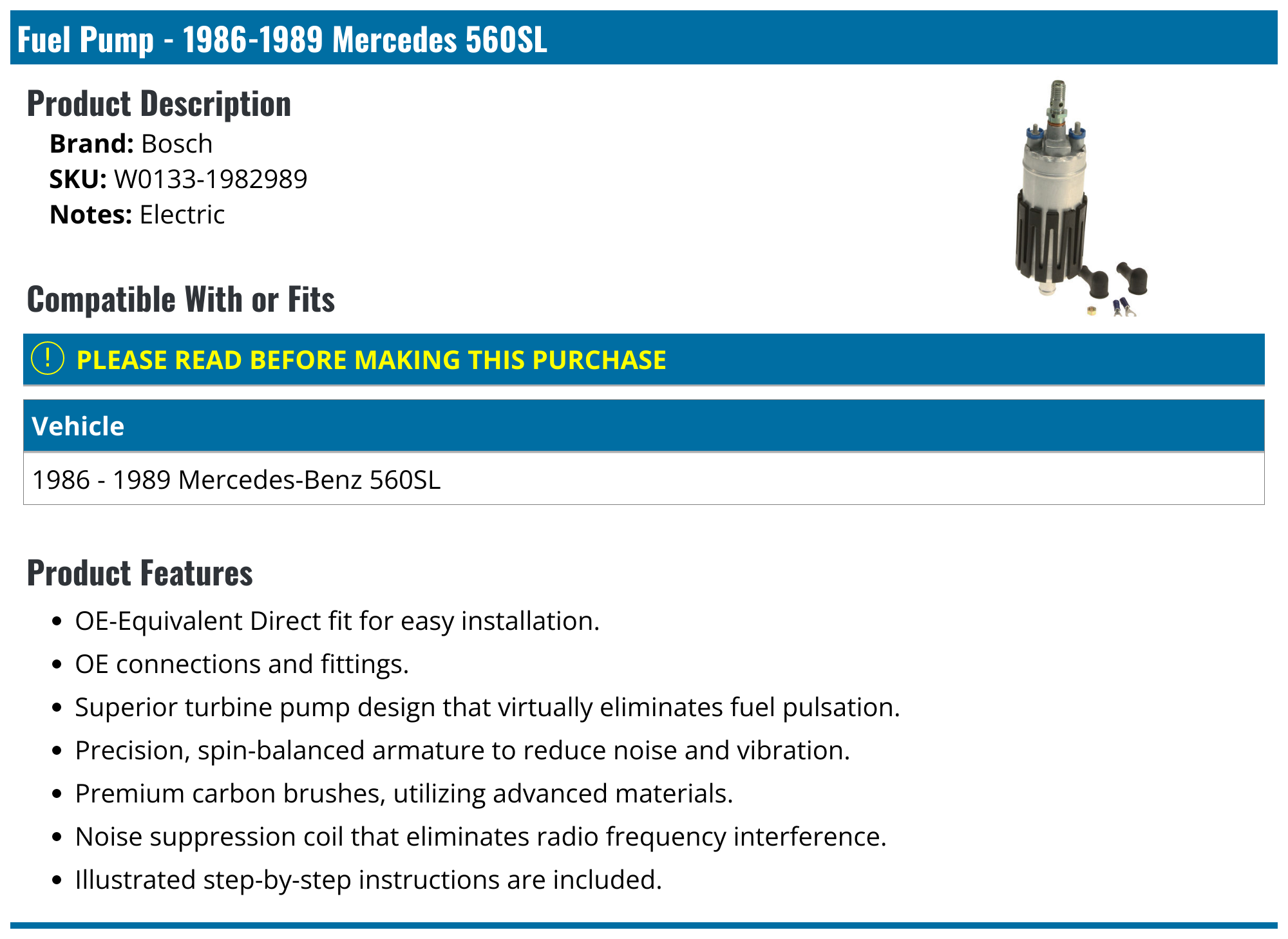 1986-1989 Mercedes 560SL Fuel Pump - Bosch W0133-1982989 - PartsGeek.com