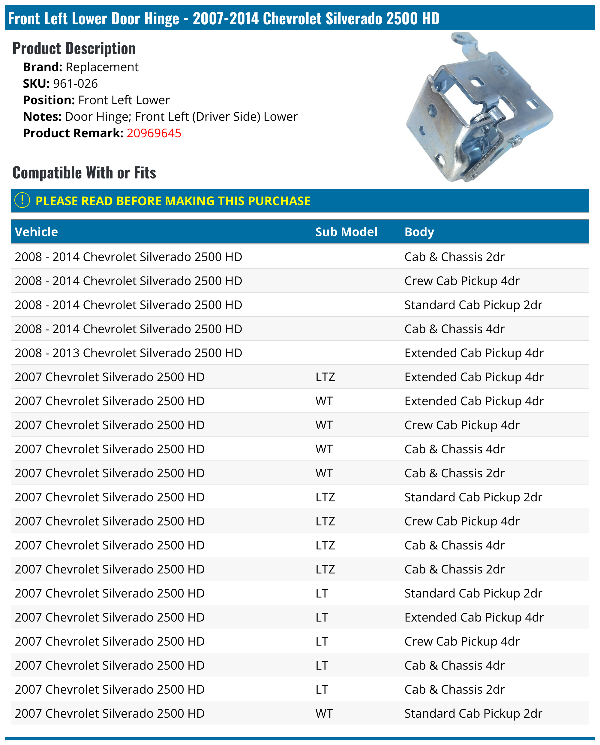 2007-2014 Chevrolet Silverado 2500 HD Door Hinge - Replacement 961-026 ...