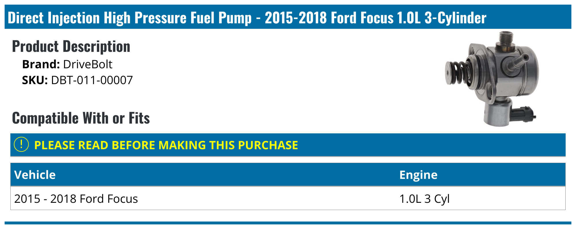 2015-2018 Ford Focus Fuel Pump - DriveBolt DBT-011-00007 - PartsGeek.com