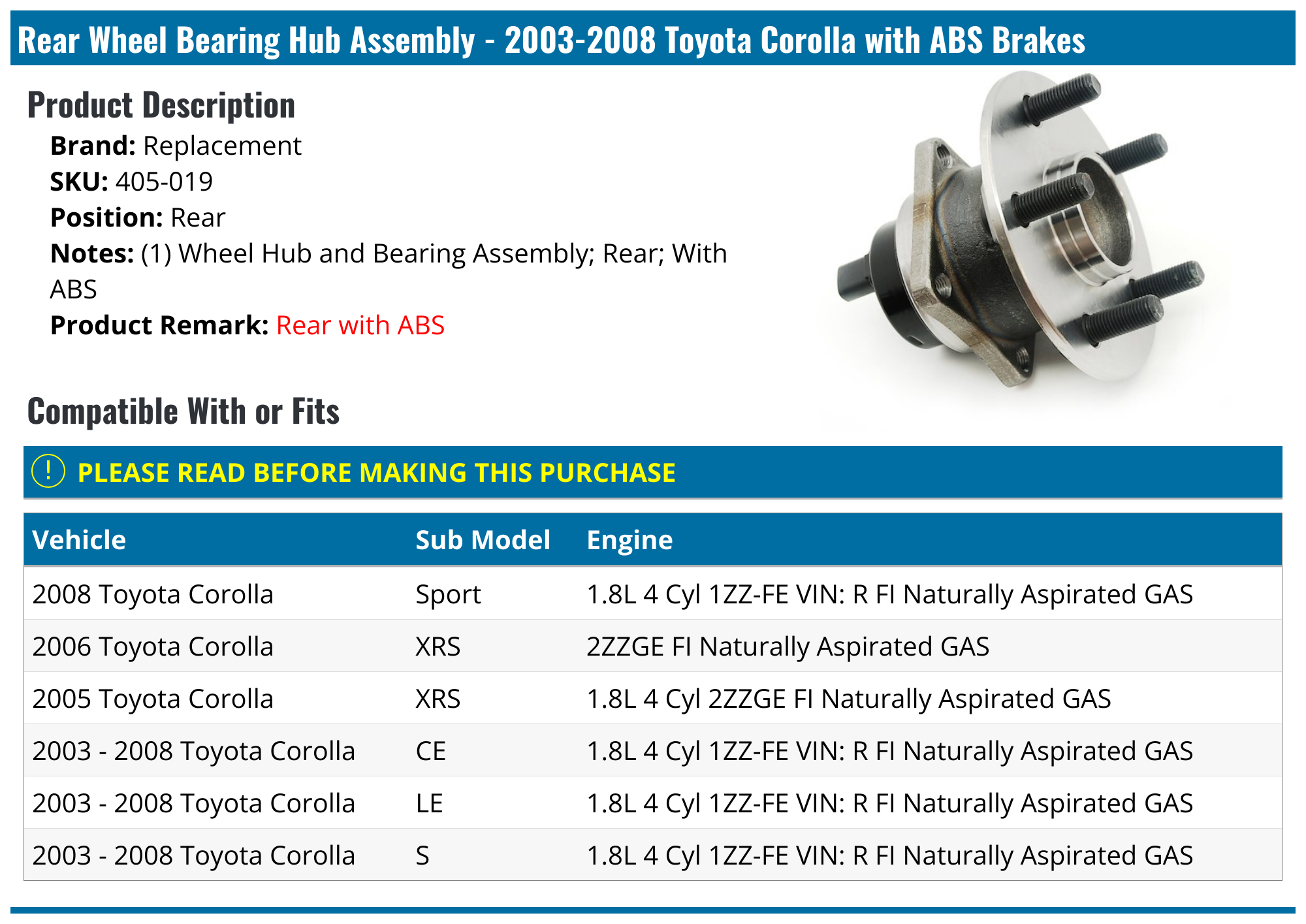 2003-2008 Toyota Corolla Wheel Hub Assembly - Replacement 405-019 ...