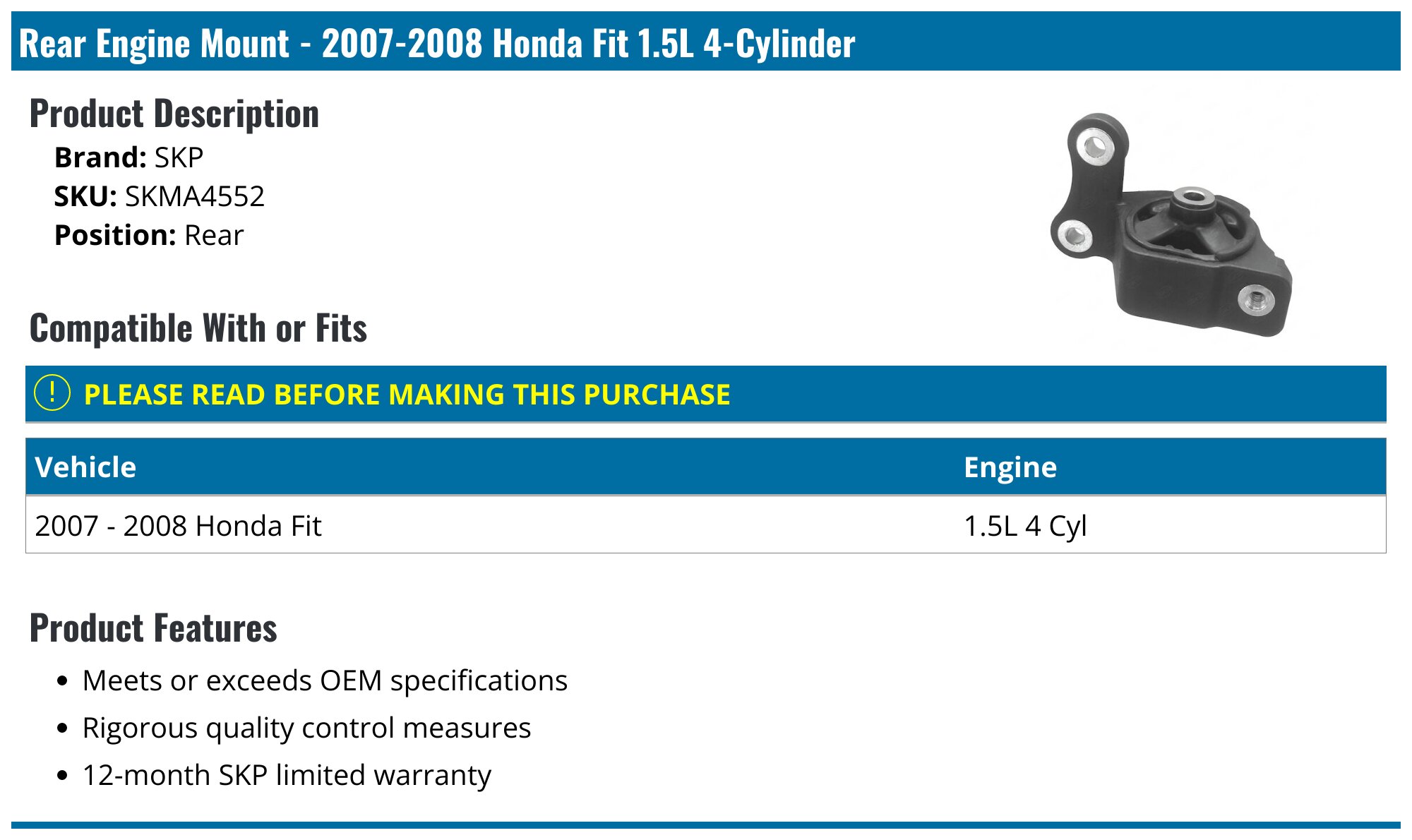 2007-2008 Honda Fit Engine Mount - SKP SKMA4552 - Rear - PartsGeek.com
