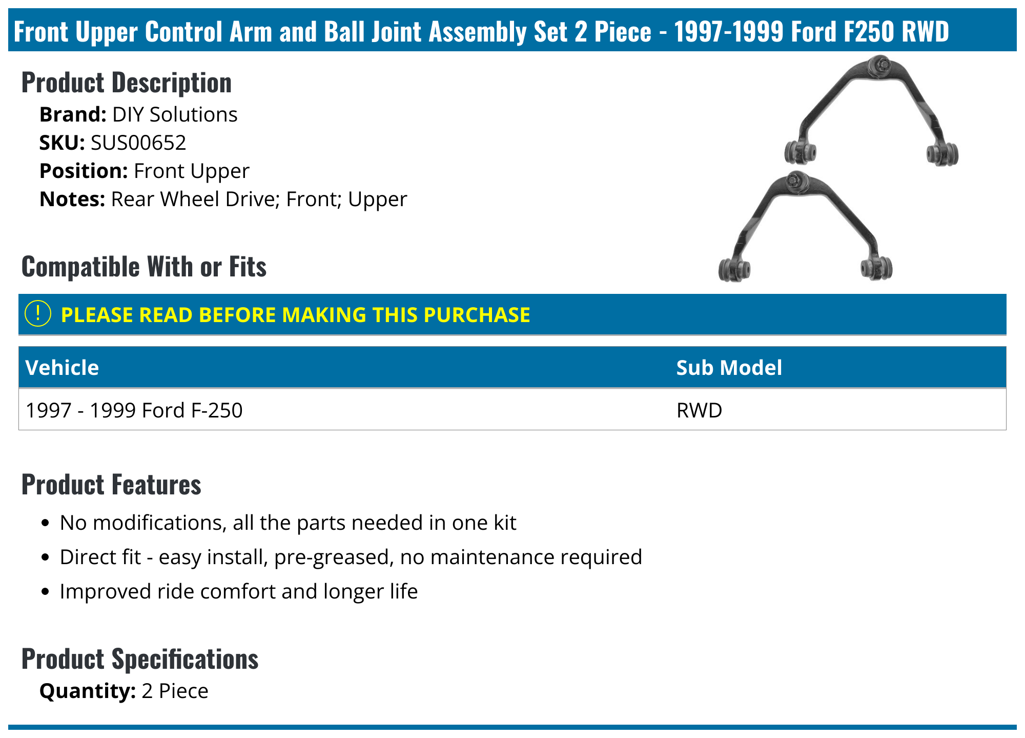 1997-1999 Ford F250 Control Arm - DIY Solutions SUS00652 - Front Upper ...