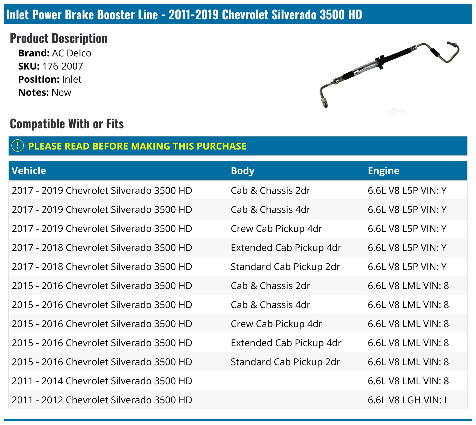 2011-2019 Chevrolet Silverado 3500 HD Power Brake Booster Line - AC ...
