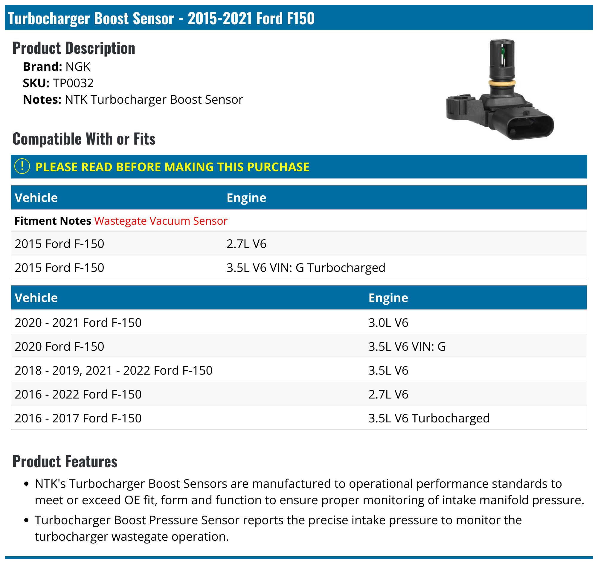 2015-2022 Ford F150 Turbocharger Boost Sensor - NGK TP0032 - PartsGeek.com