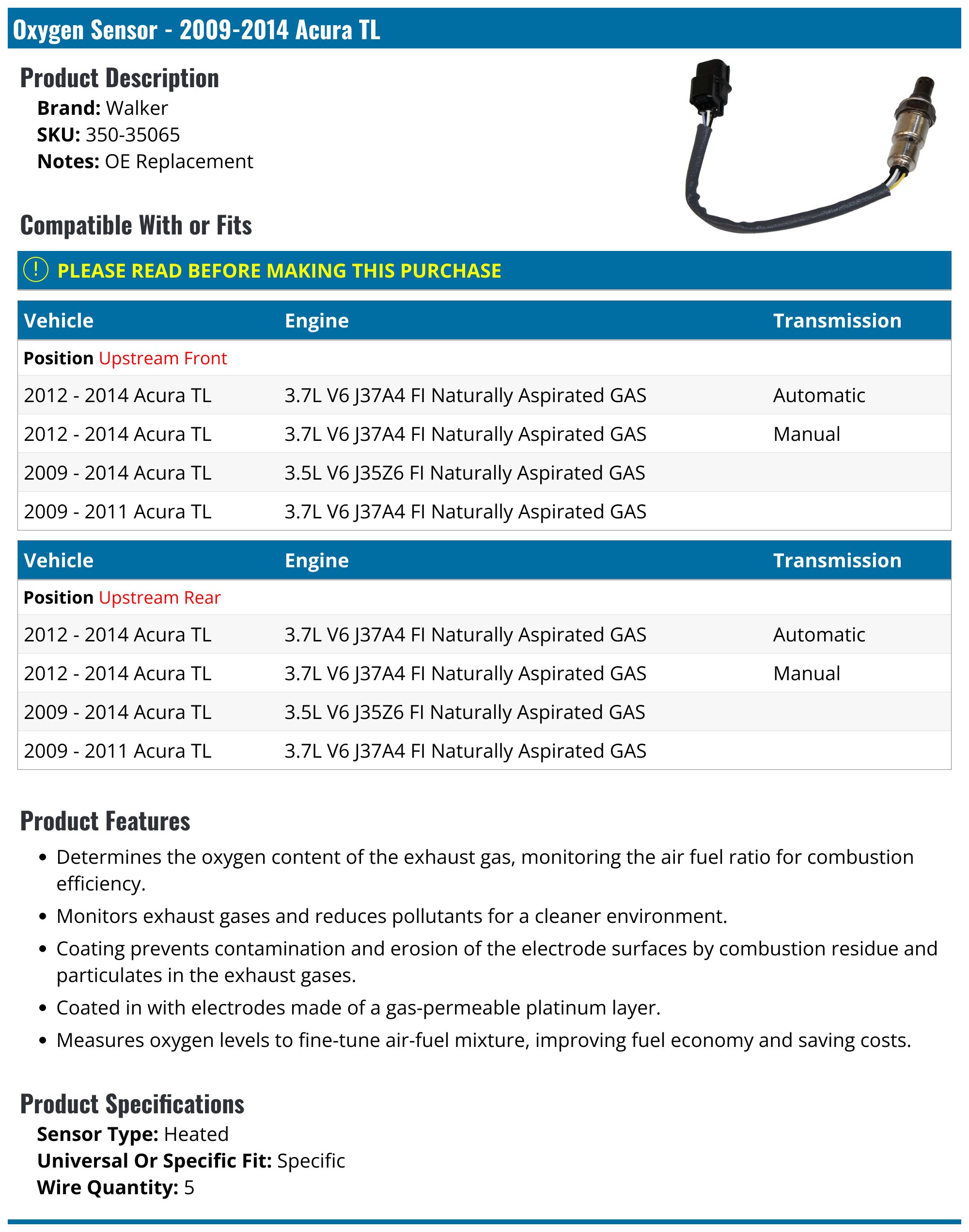 2009-2014 Acura TL Oxygen Sensor - Walker 350-35065 - Upstream Front ...