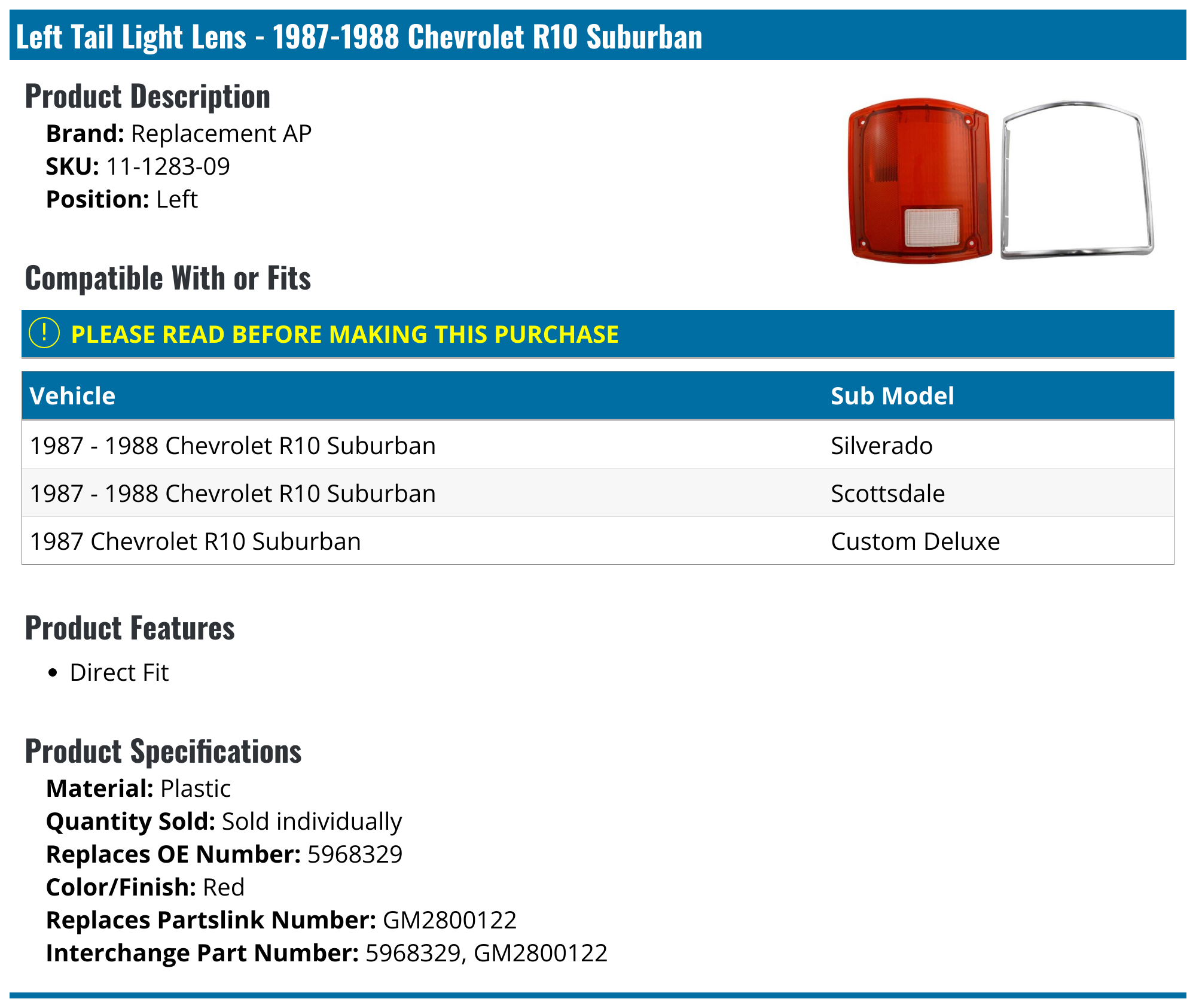 1987-1988 Chevrolet R10 Suburban Tail Light Assembly - Replacement AP ...