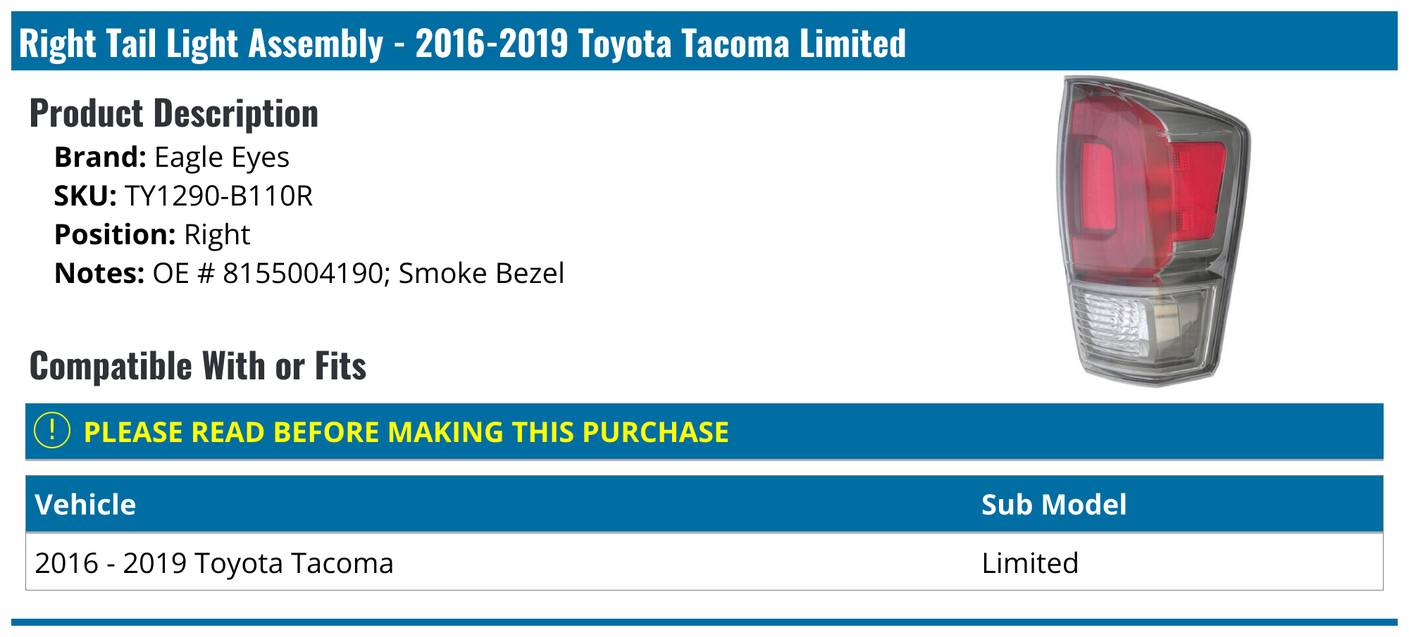 2016-2019 Toyota Tacoma Tail Light Assembly - Eagle Eyes TY1290-B110R ...