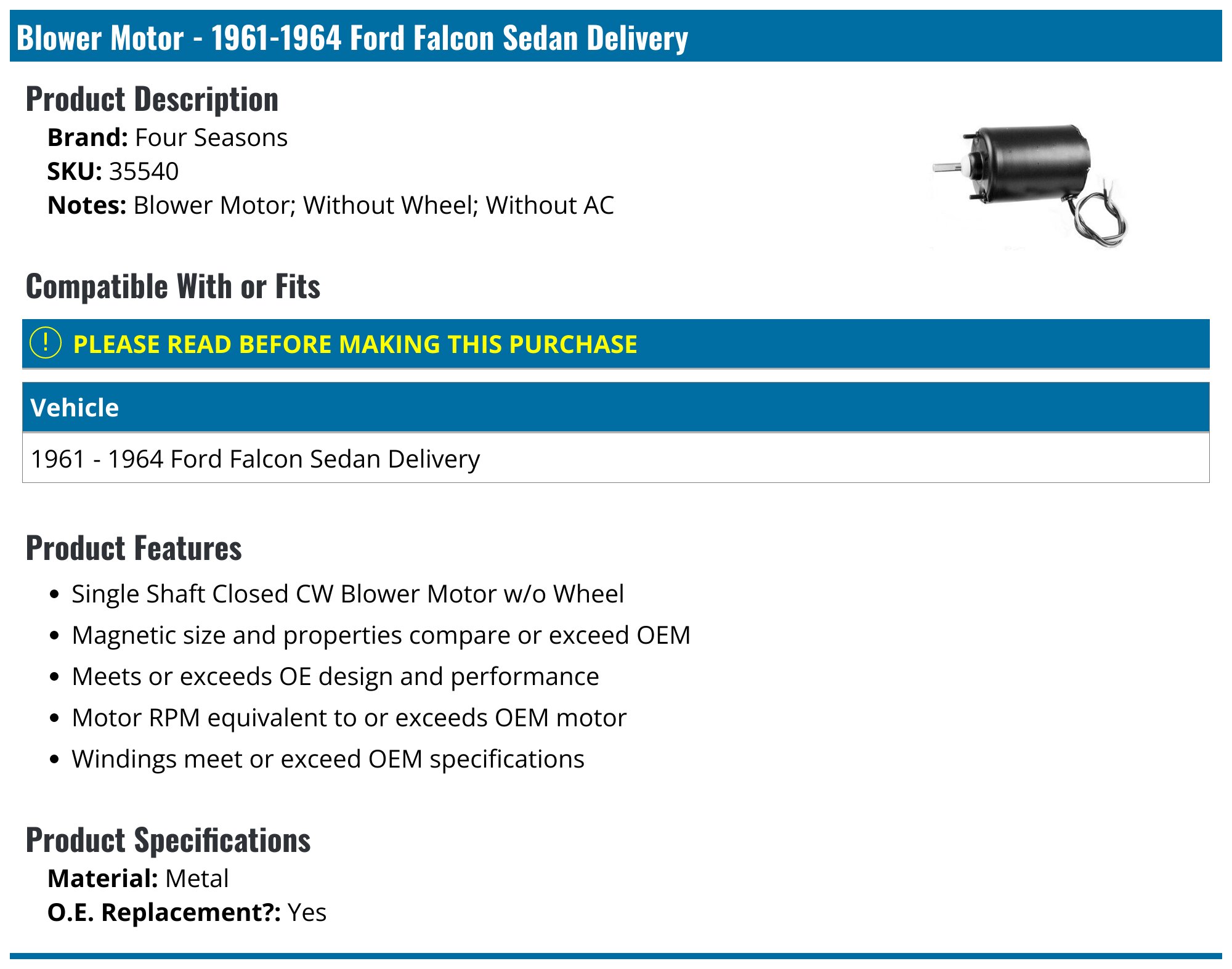 1961-1964 Ford Falcon Sedan Delivery Blower Motor - Four Seasons 35540 ...