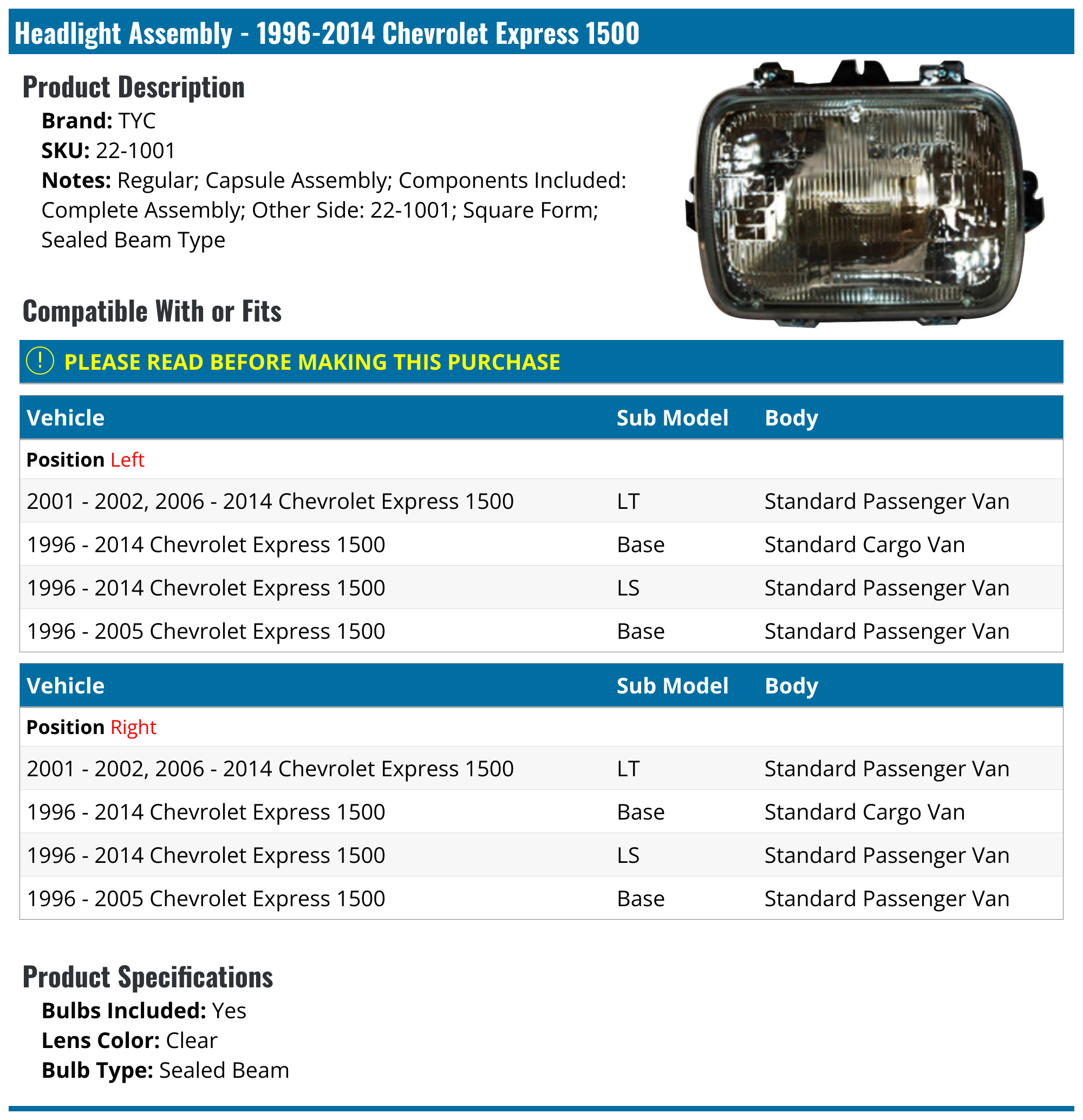 1996-2014 Chevrolet Express 1500 Headlight Assembly - TYC 22-1001 ...