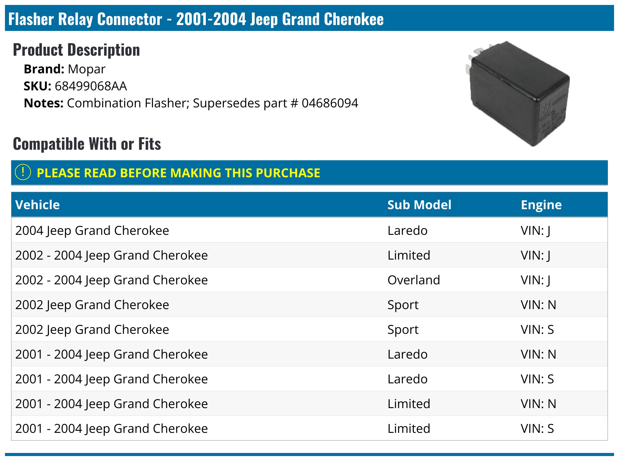 2000-2004 Jeep Grand Cherokee Flasher Relay Connector - Mopar ...