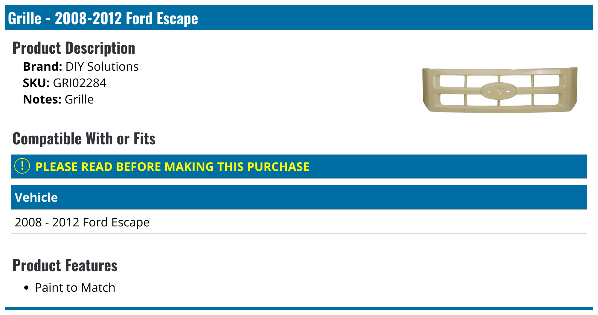 2008-2012 Ford Escape Grille Assembly - DIY Solutions GRI02284 - Front ...