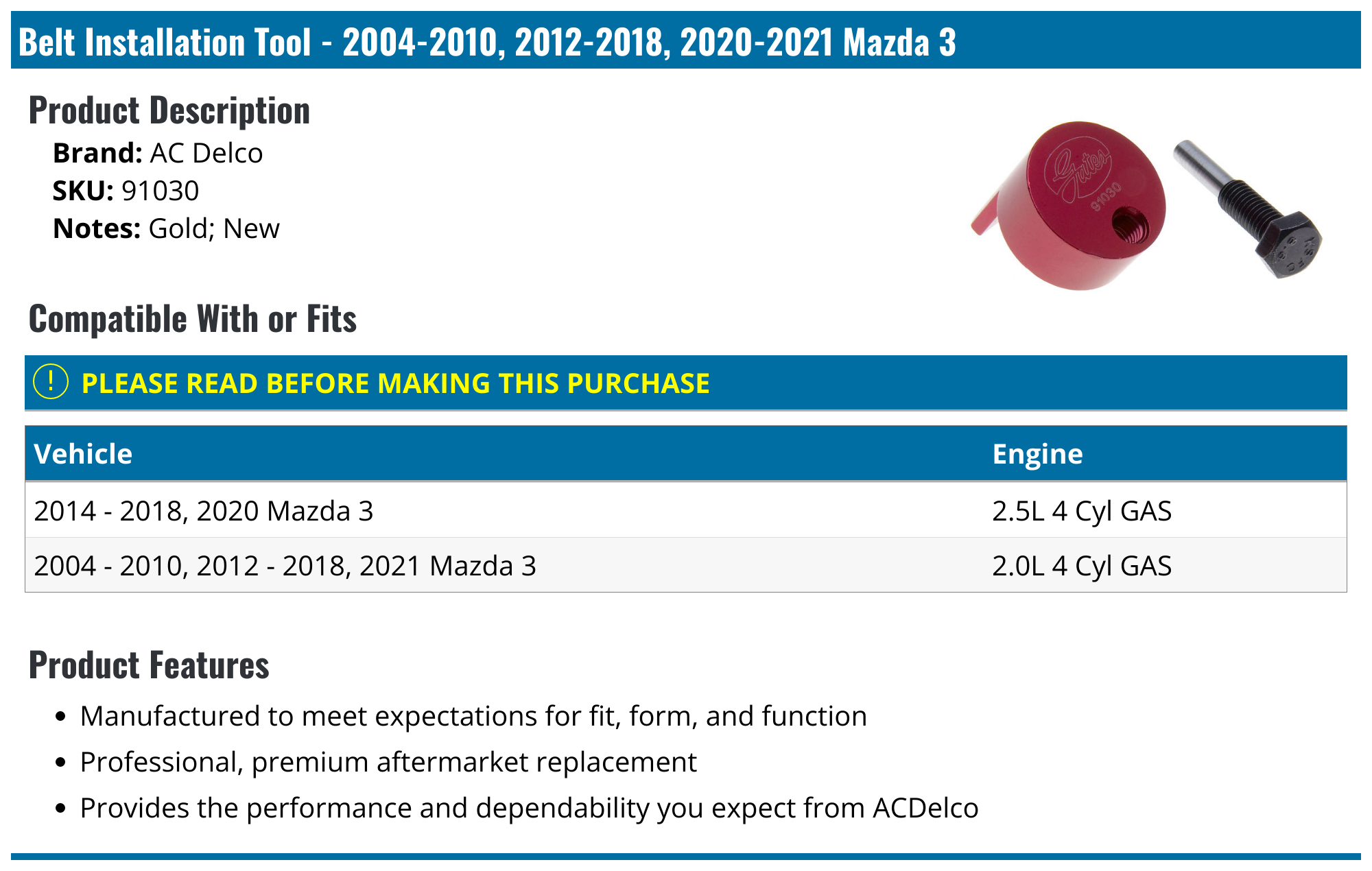 2004-2010, 2012-2018, 2020-2022 Mazda 3 Belt Installation Tool - AC ...