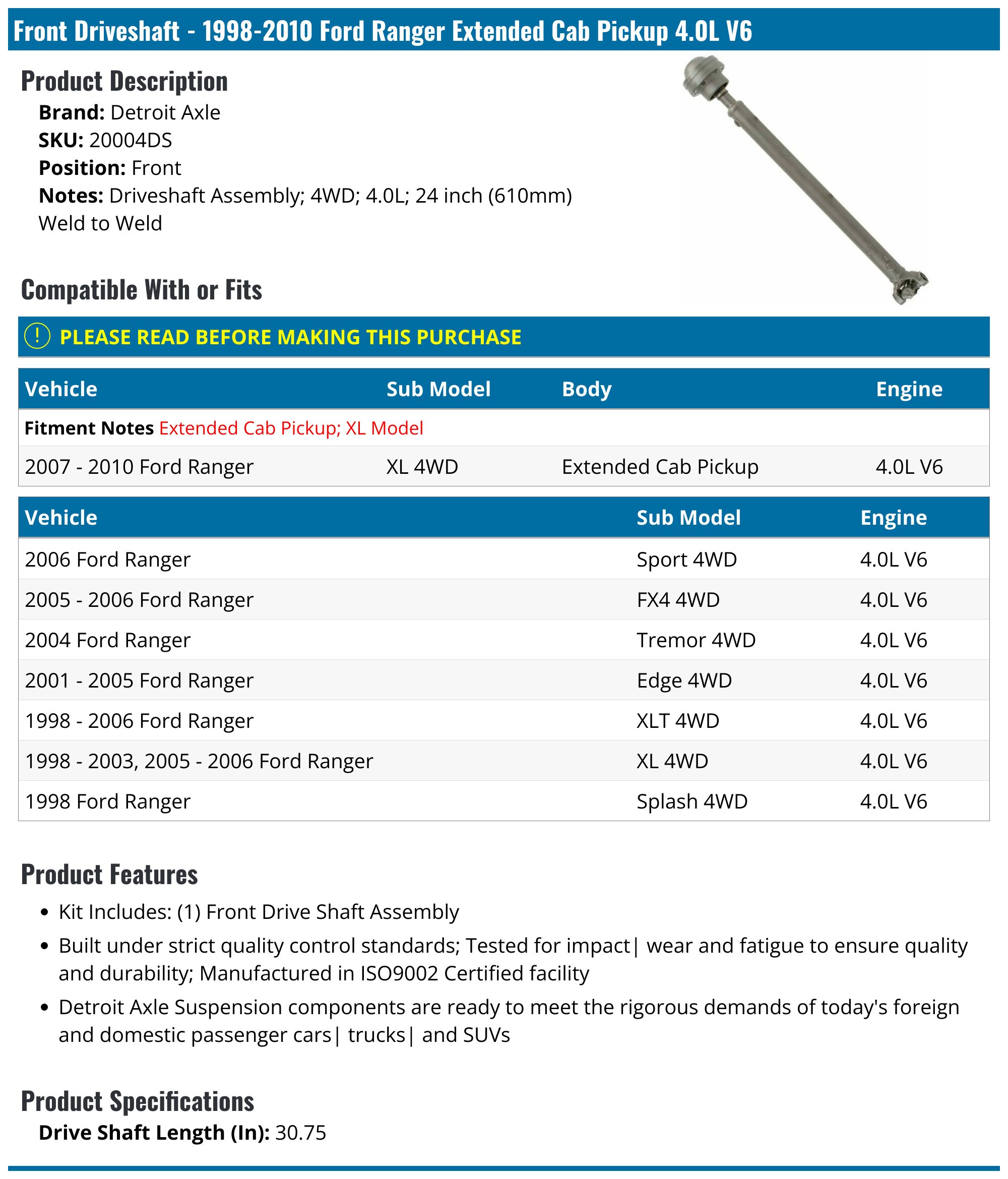 1998-2010 Ford Ranger Drive Shaft - Detroit Axle 20004DS - Front ...