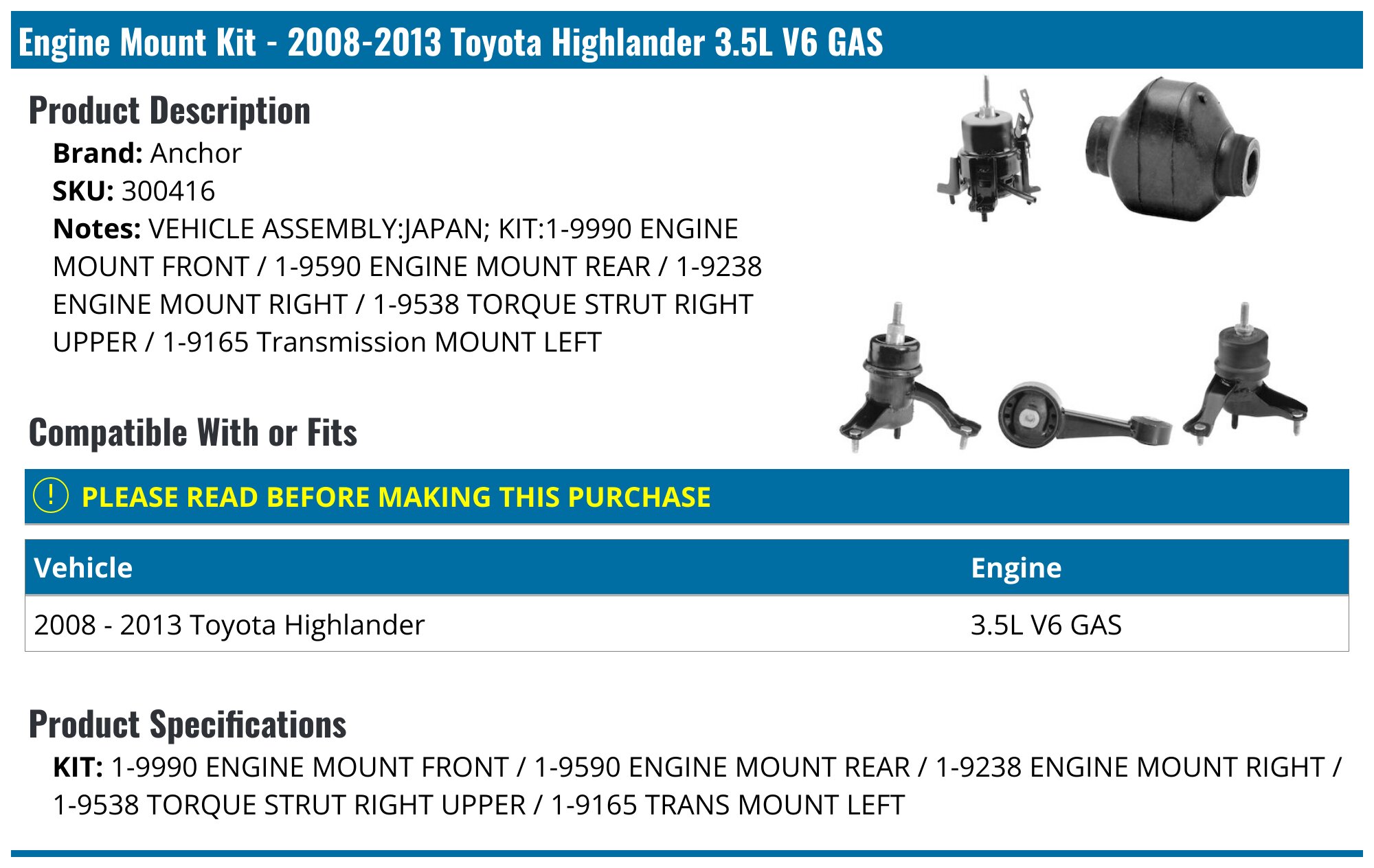 2008-2013 Toyota Highlander Engine Mount - Anchor 300416 - PartsGeek.com