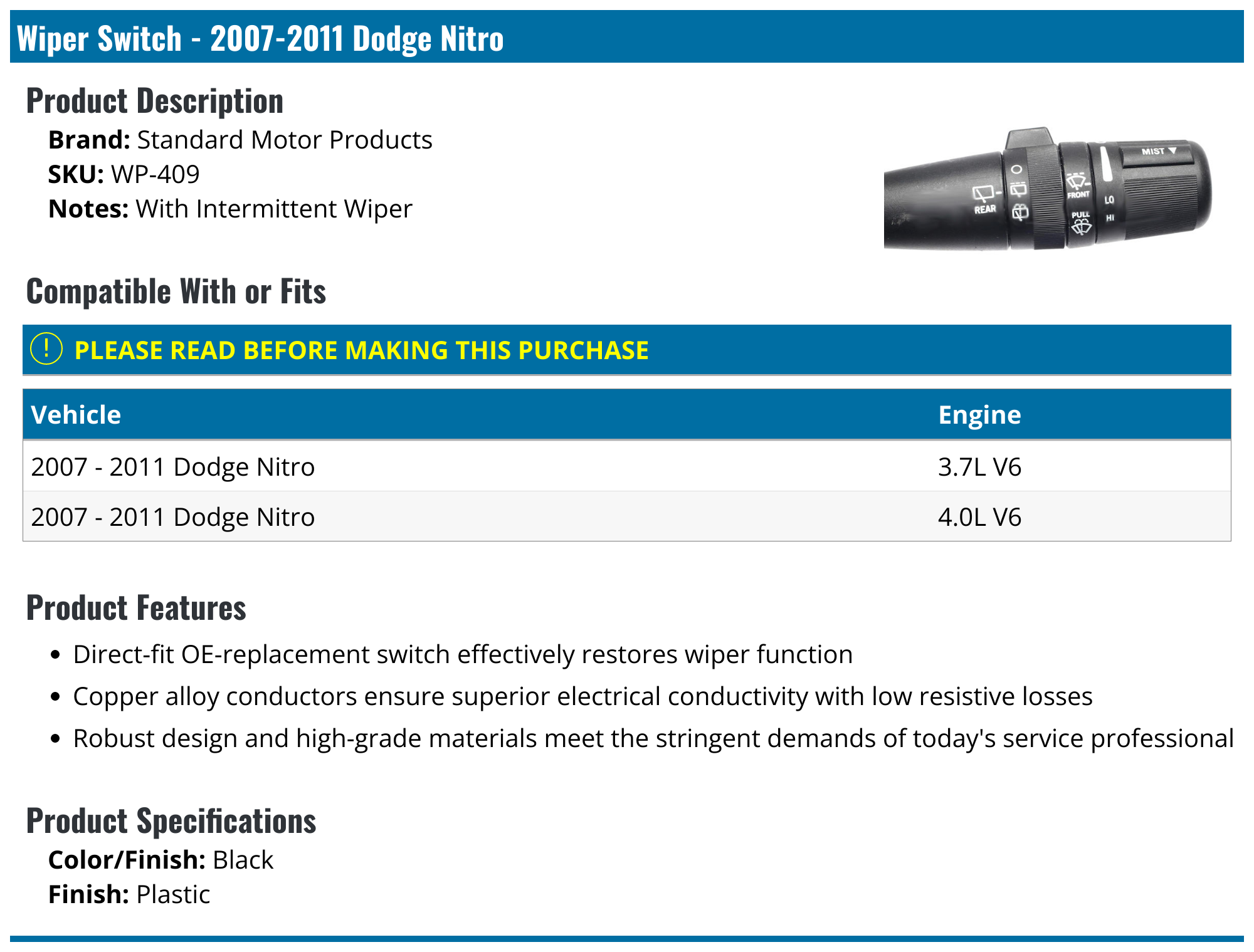 2007-2011 Dodge Nitro Wiper Switch - Standard Motor Products WP-409 ...