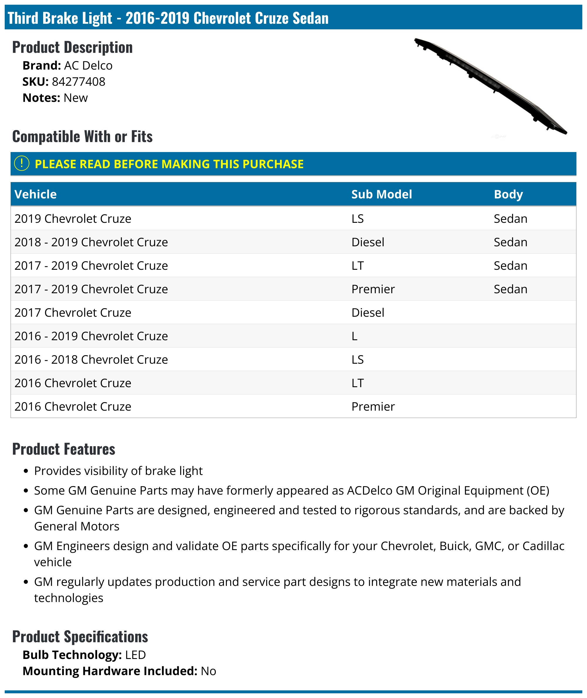 2016-2019 Chevrolet Cruze Third Brake Light - AC Delco 84277408 ...