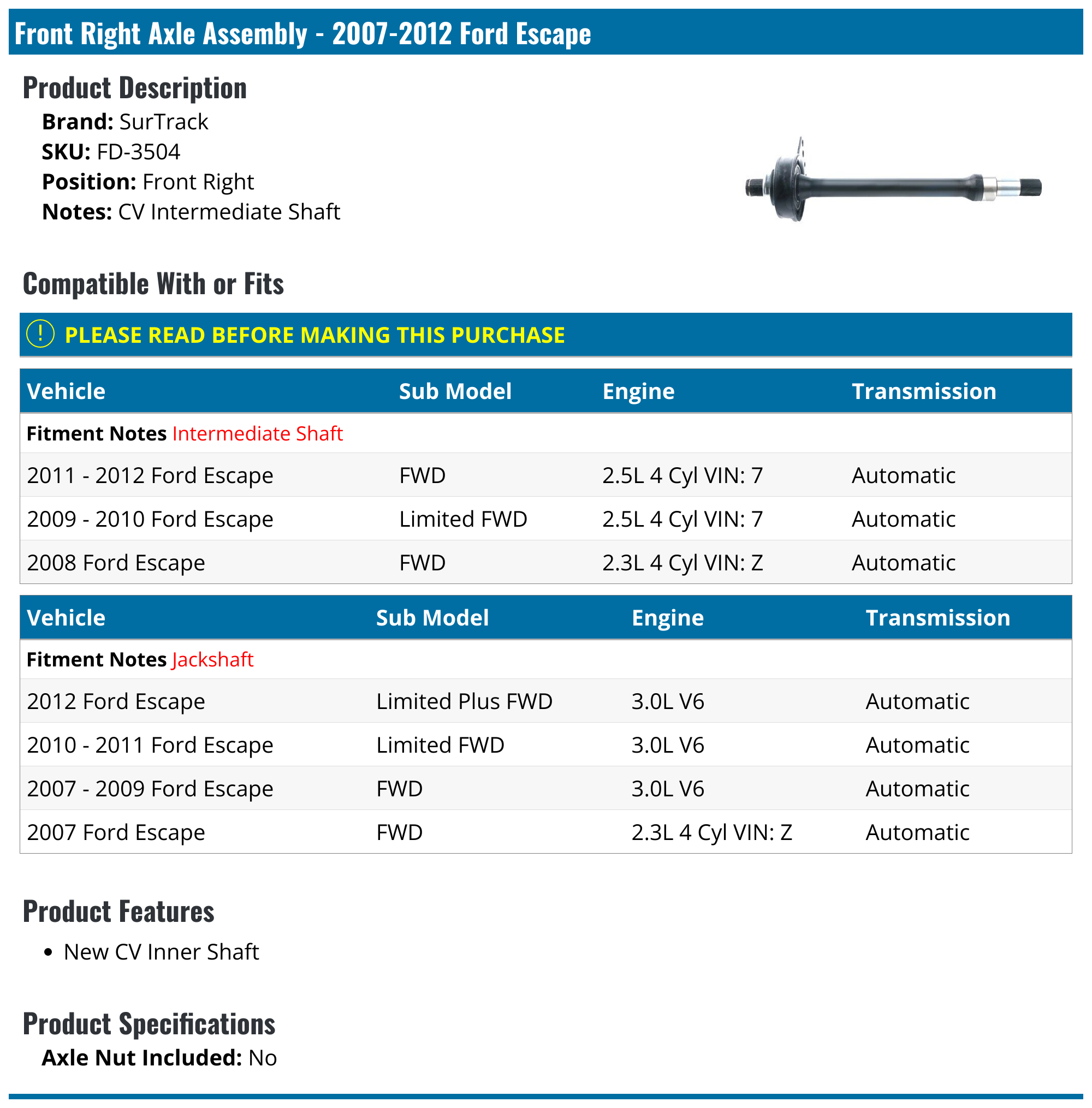 2001, 2005-2012 Ford Escape Axle Assembly - SurTrack FD-3504 - Front ...