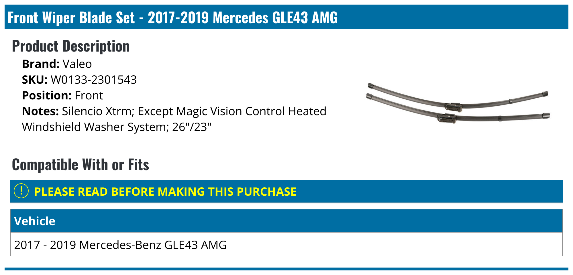 2017-2019 Mercedes GLE43 AMG Wiper Blade - Valeo W0133-2301543 - Front ...