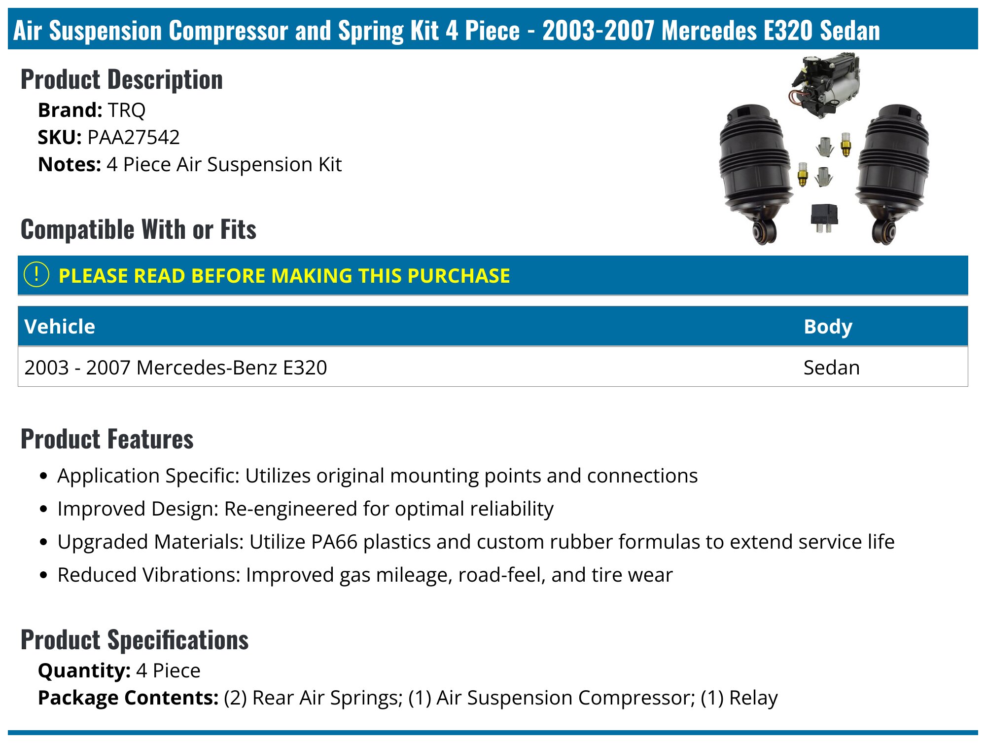 2003-2009 Mercedes E320 Air Spring - TRQ PAA27542 - PartsGeek.com