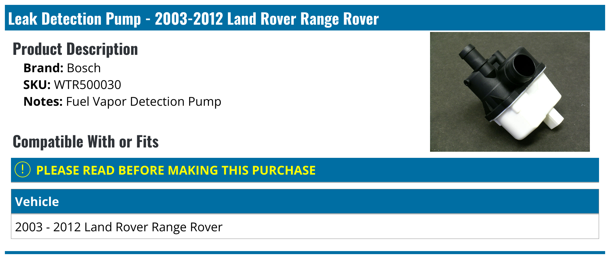 2003-2012 Land Rover Range Rover Leak Detection Pump - Bosch WTR500030 ...