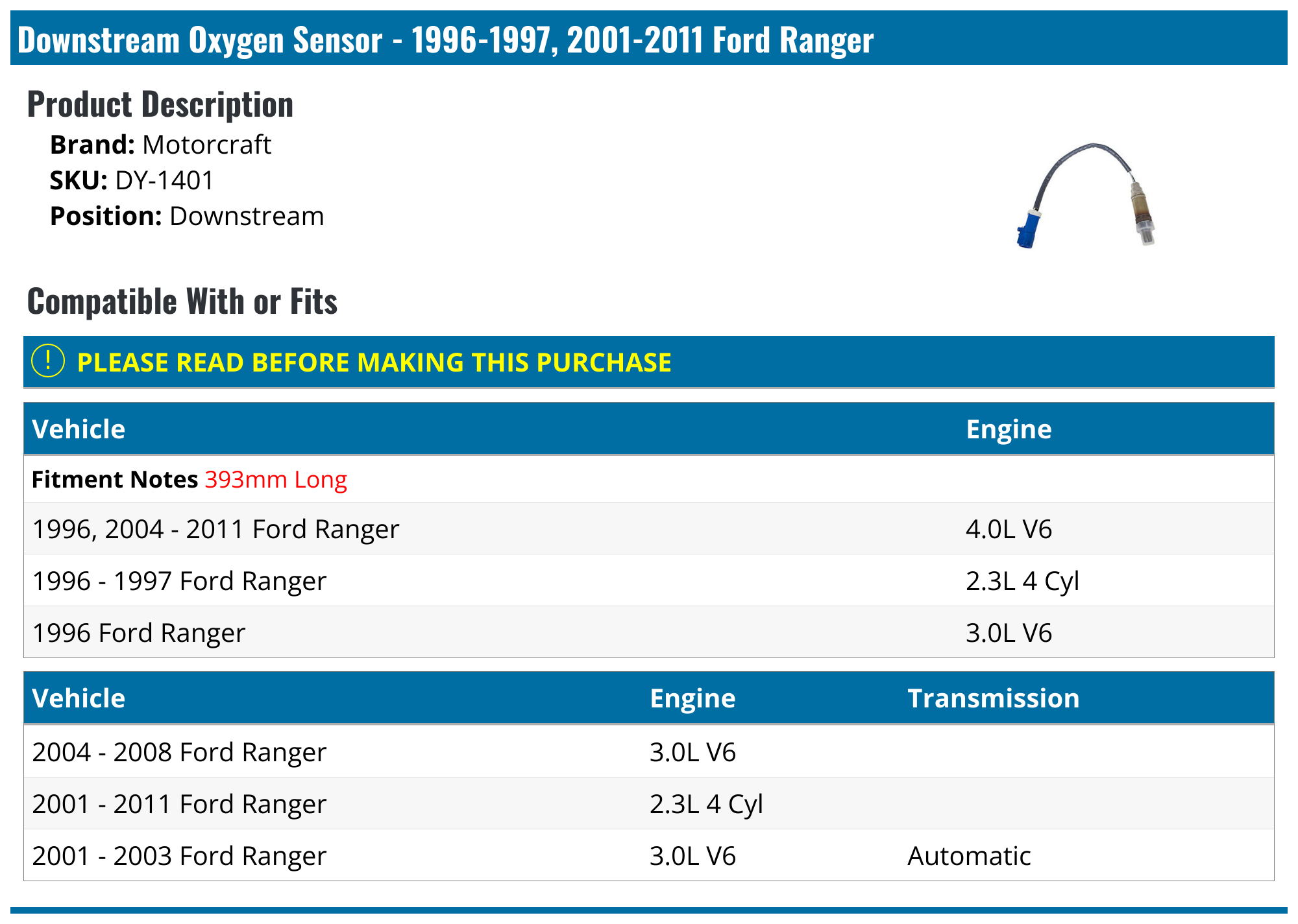 1996-1997, 2001-2011 Ford Ranger Oxygen Sensor - Motorcraft DY-1401 ...